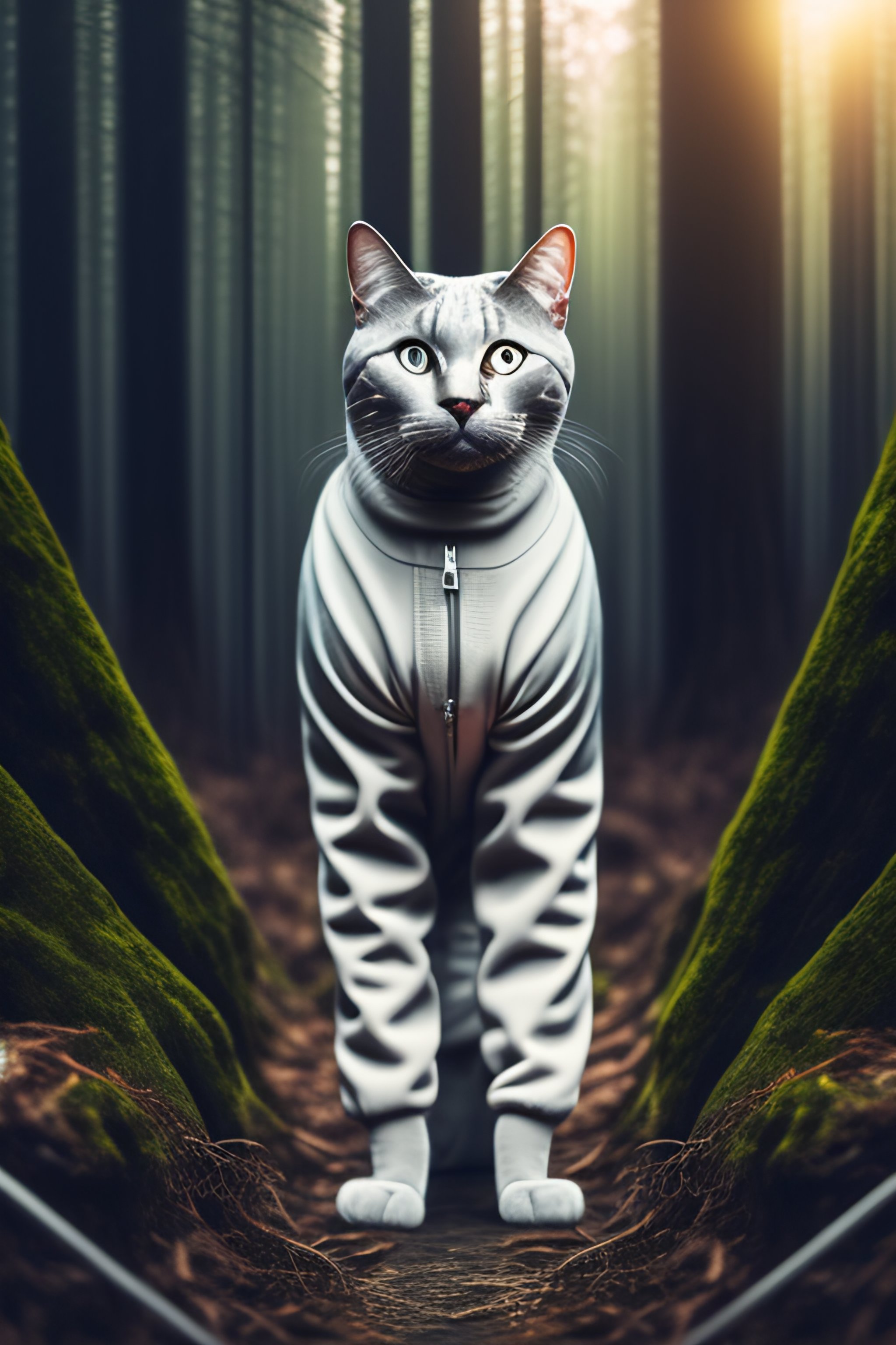 Lexica - A humanoid grey cat wearing inmate white jumpsuit outfit in ...