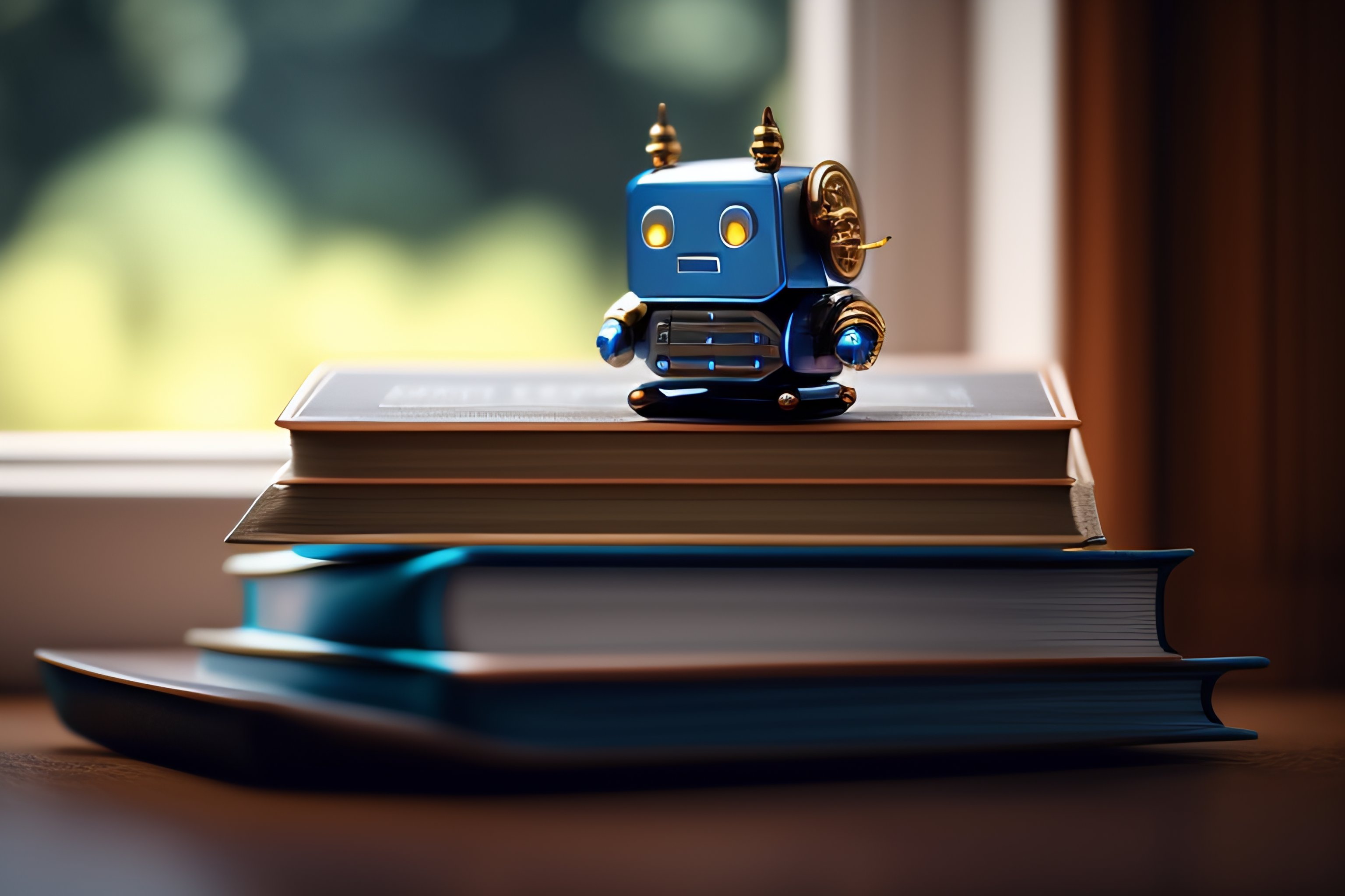 Lexica - A wise robot sitting on a able of books