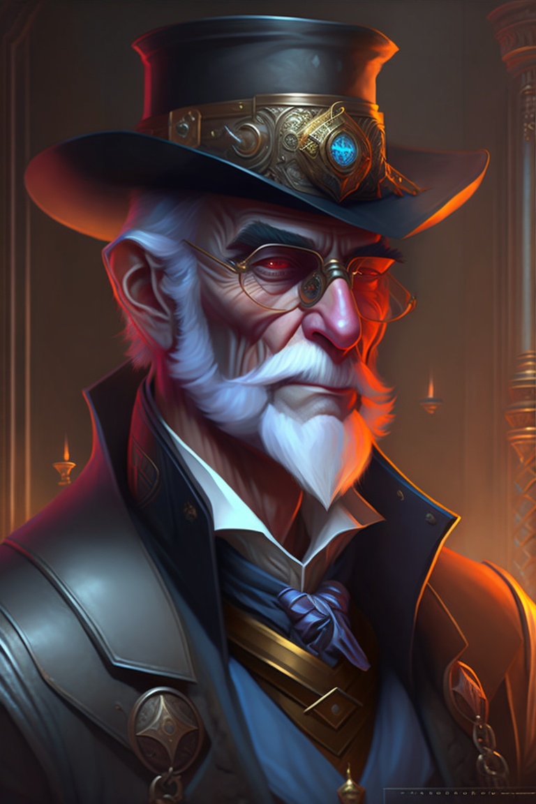 Lexica - A thoughtful steampunk old man psychologist, library, severe ...