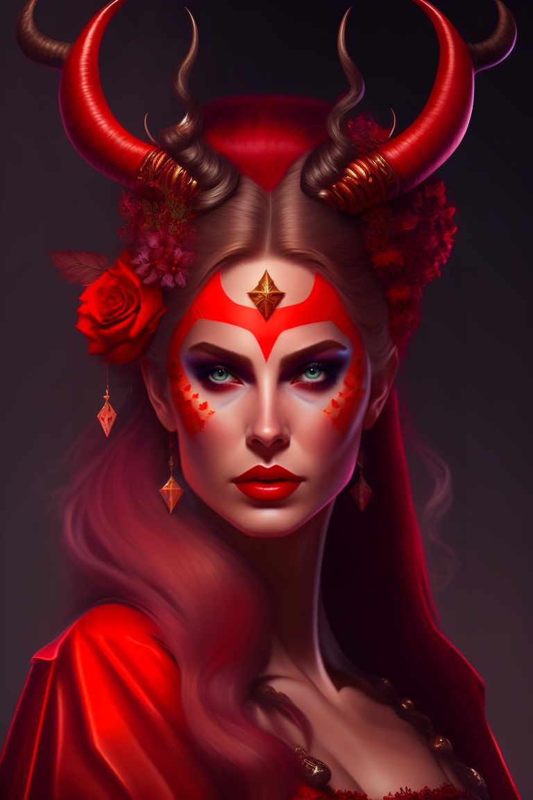 Lexica - Red witch with skulls, horns, decay, rot. sticks, bones, demons