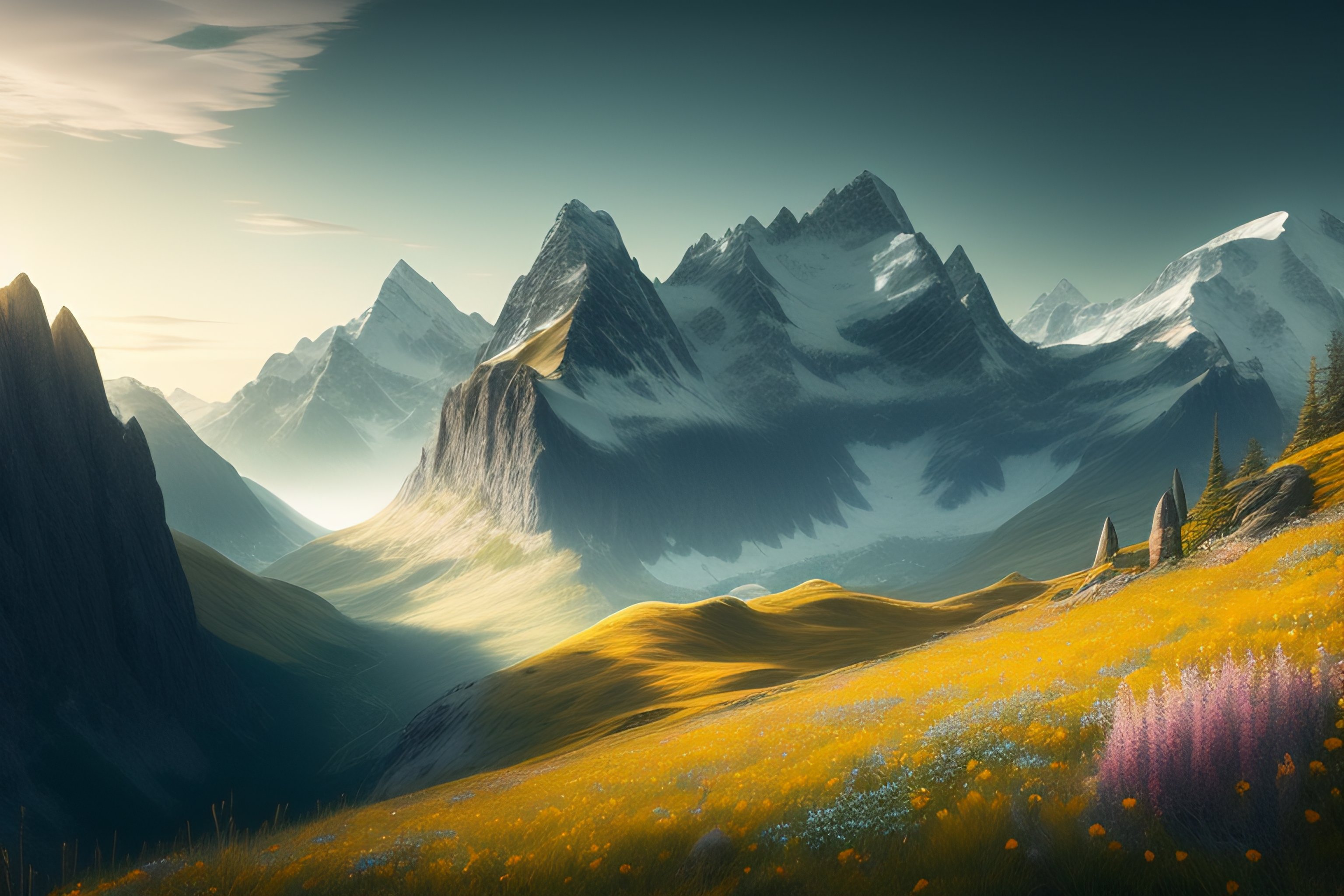 Lexica - Beautiful and highly detailed matte painting of mountain meadow with wildflowers ...