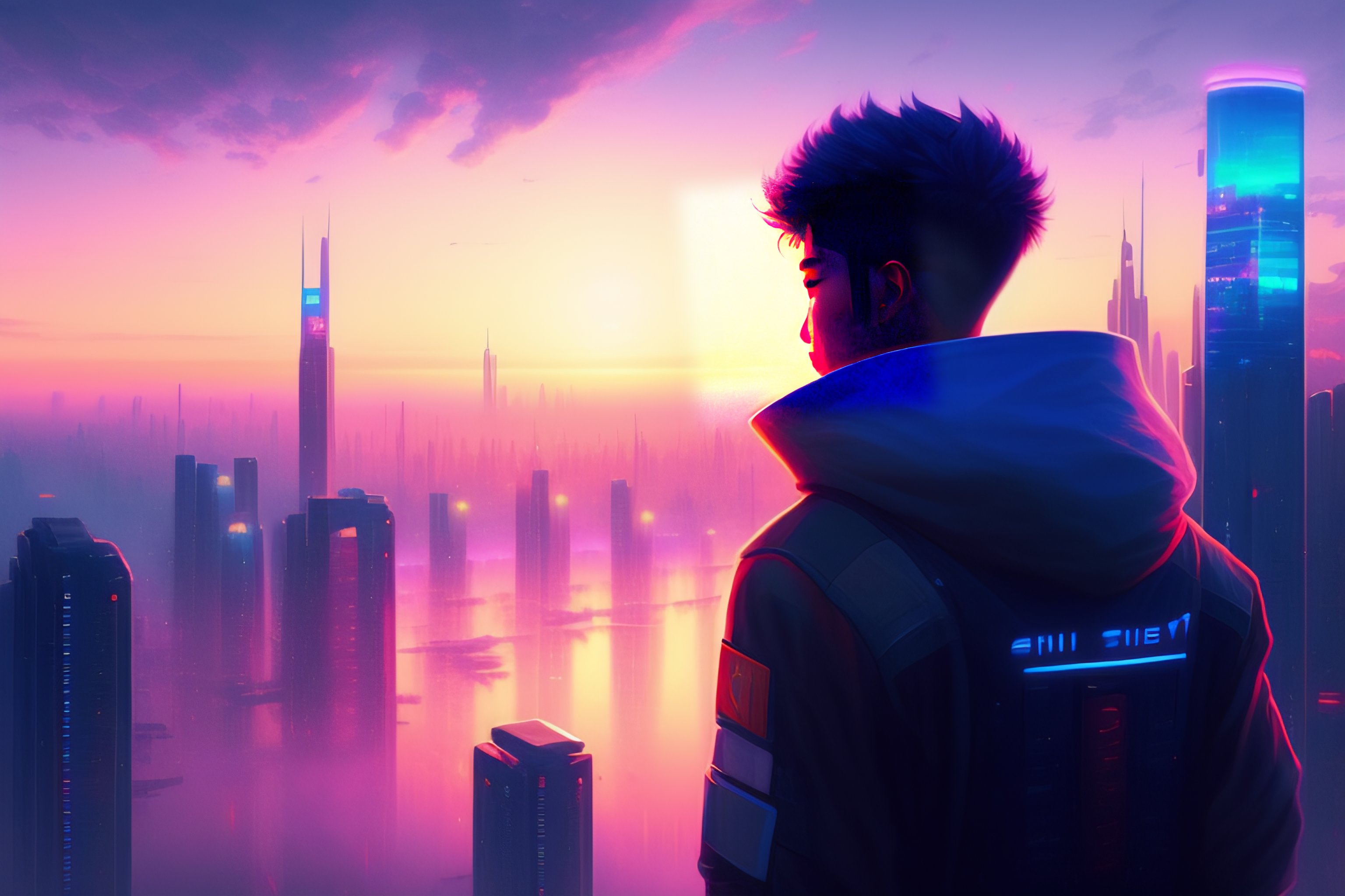 Lexica - A painting of from a far a young man on top of a building ...