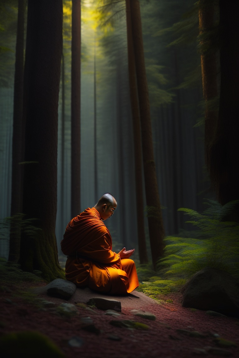 Lexica - A Buddhist monk meditating in a beautiful dark forest, very ...