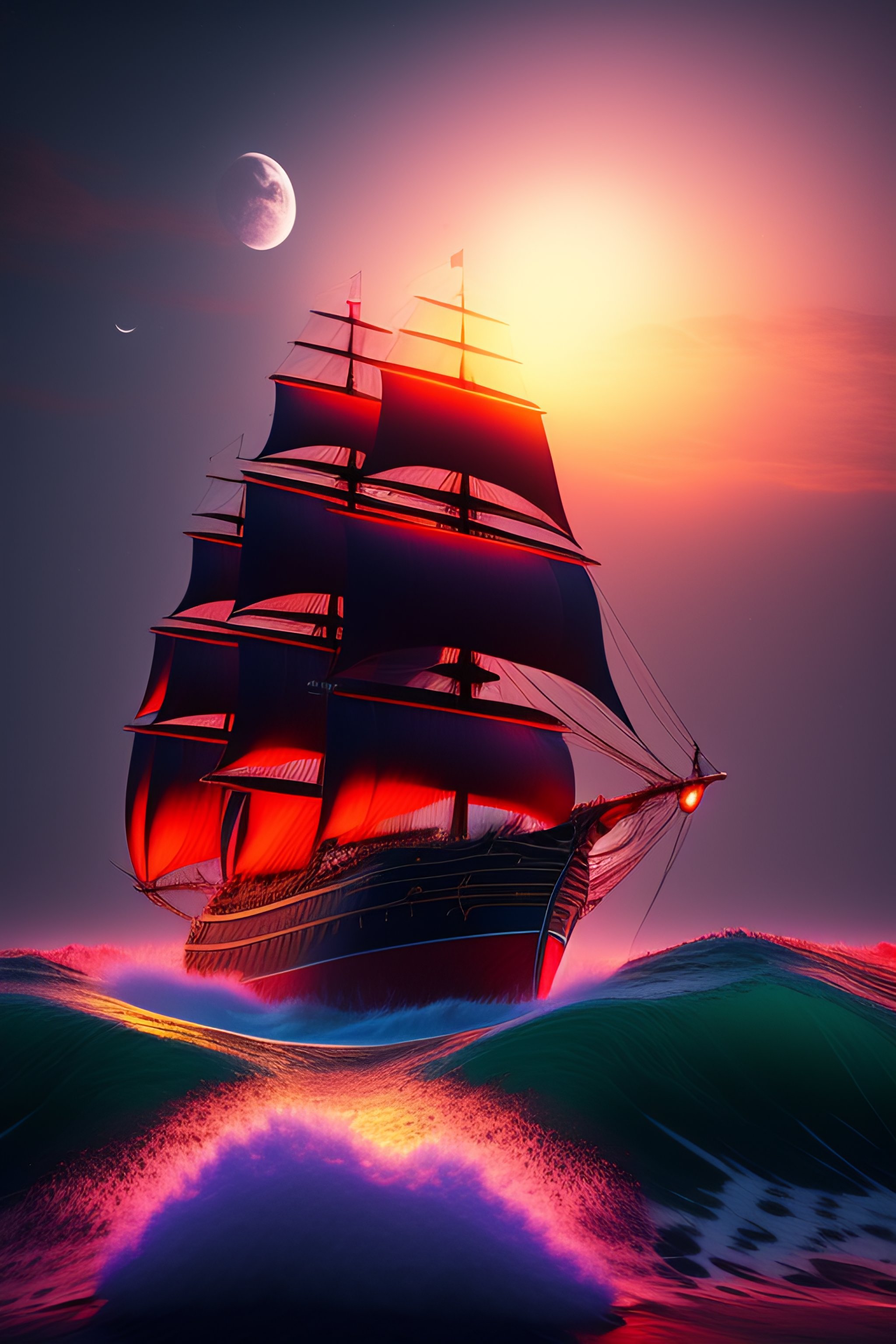 Lexica - A big red ship with black sails is sailing on the sea, big ...