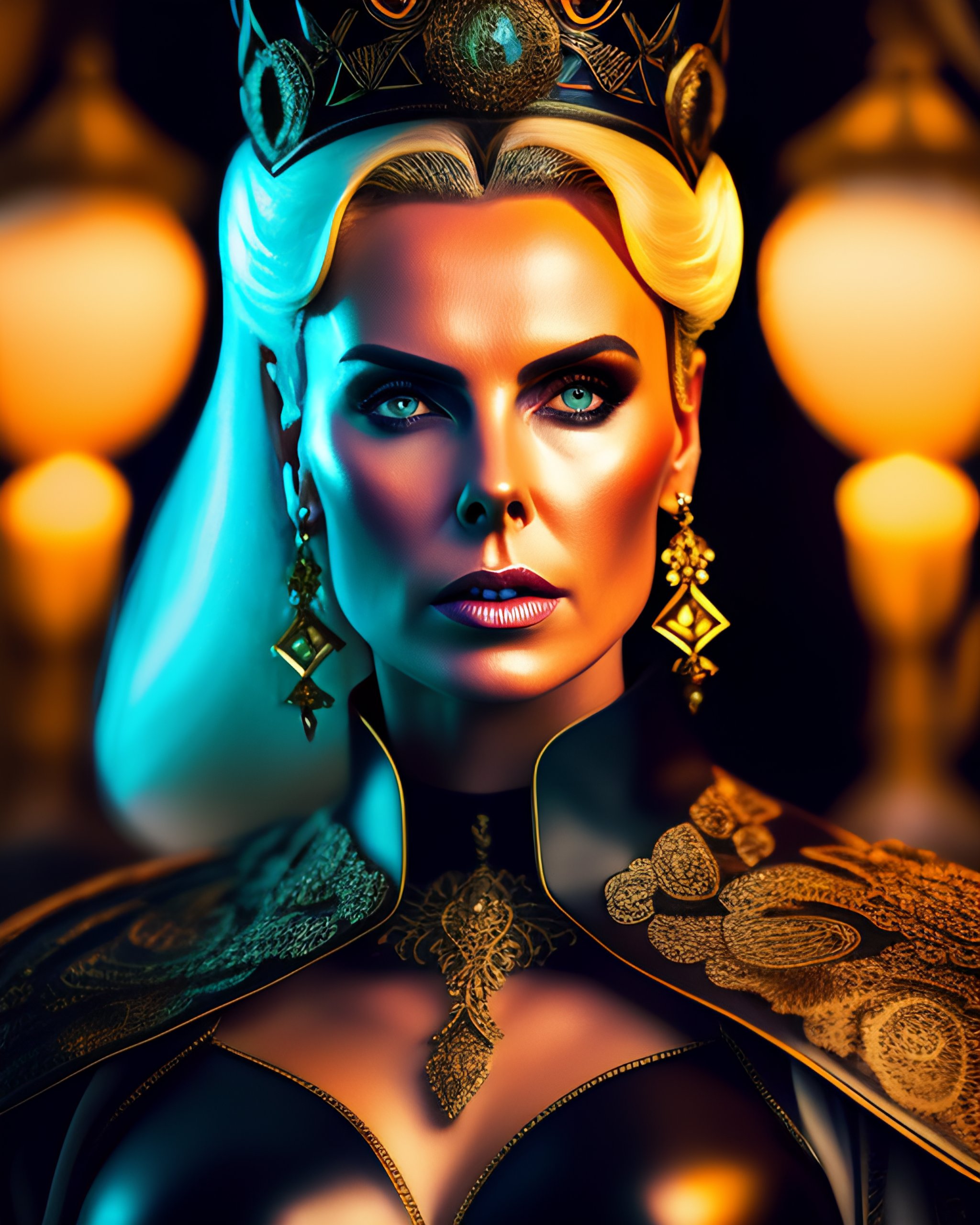 Lexica - Portrait shot of 3/4 Charlize Theron as Queen Ravenna, an evil woman, very angry face ...