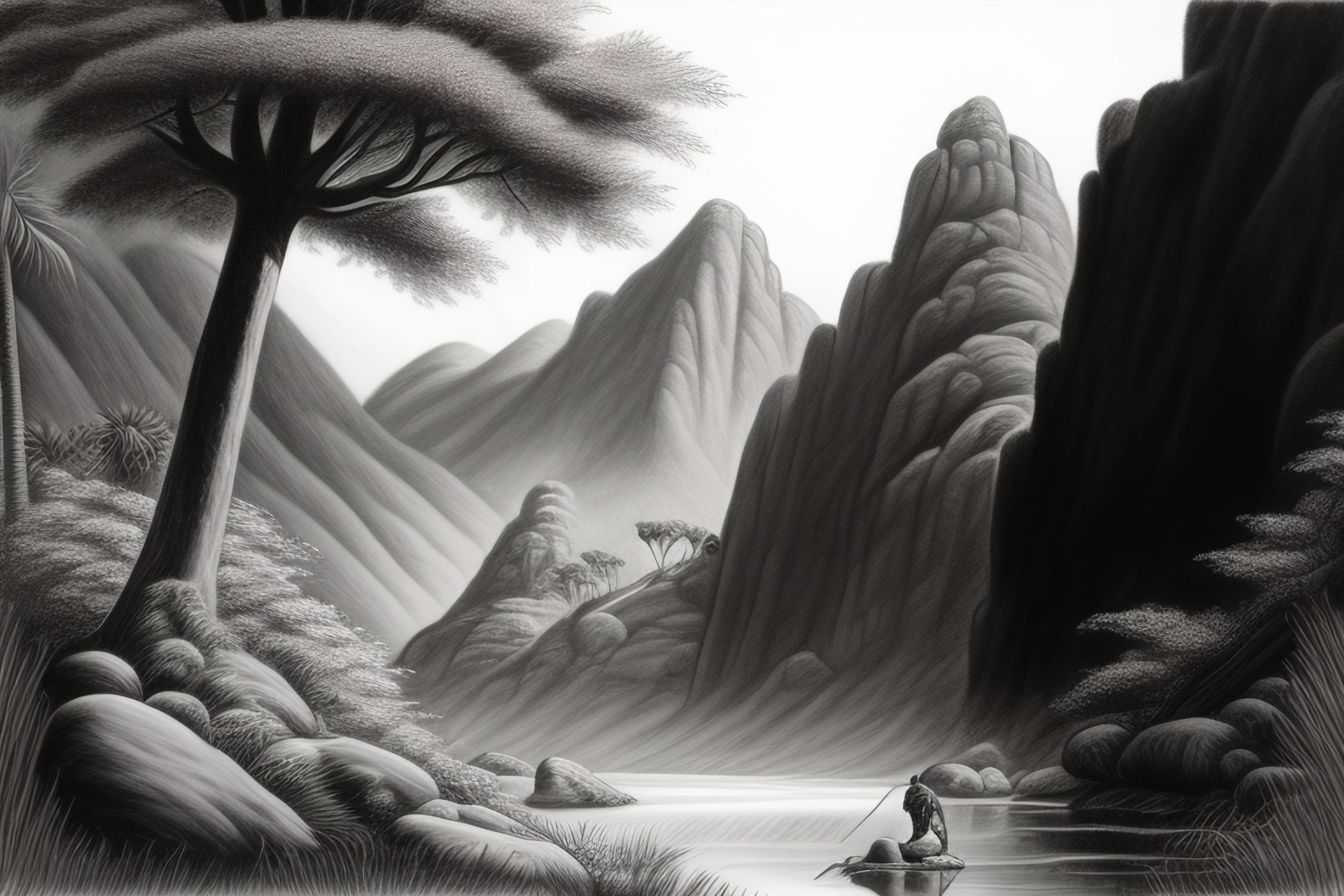 Lexica - Landscape drawing of a muscular caveman with a spear standing ...