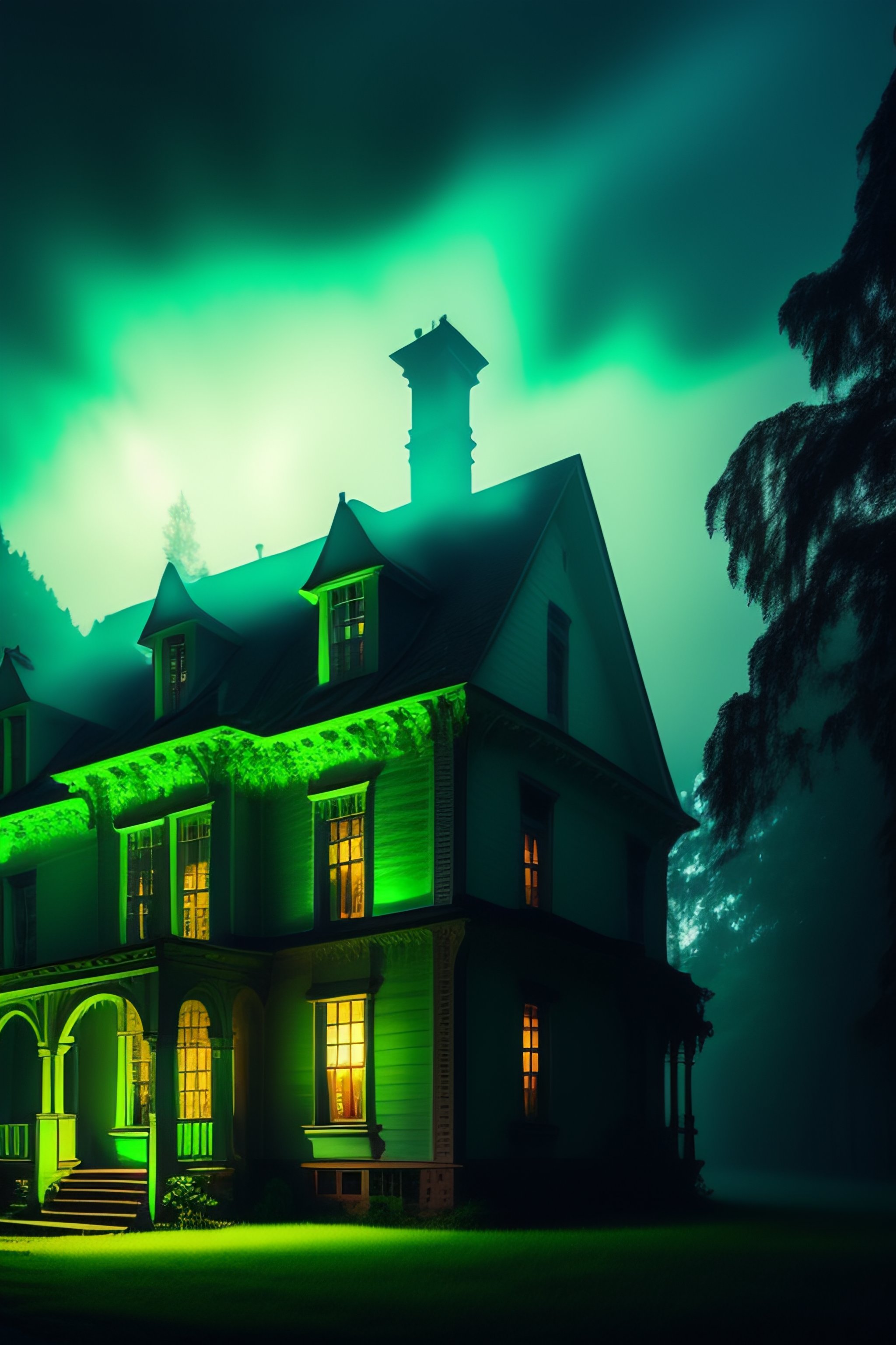 Lexica - Creepy old mansion in middle of forest at night, with cloudy ...
