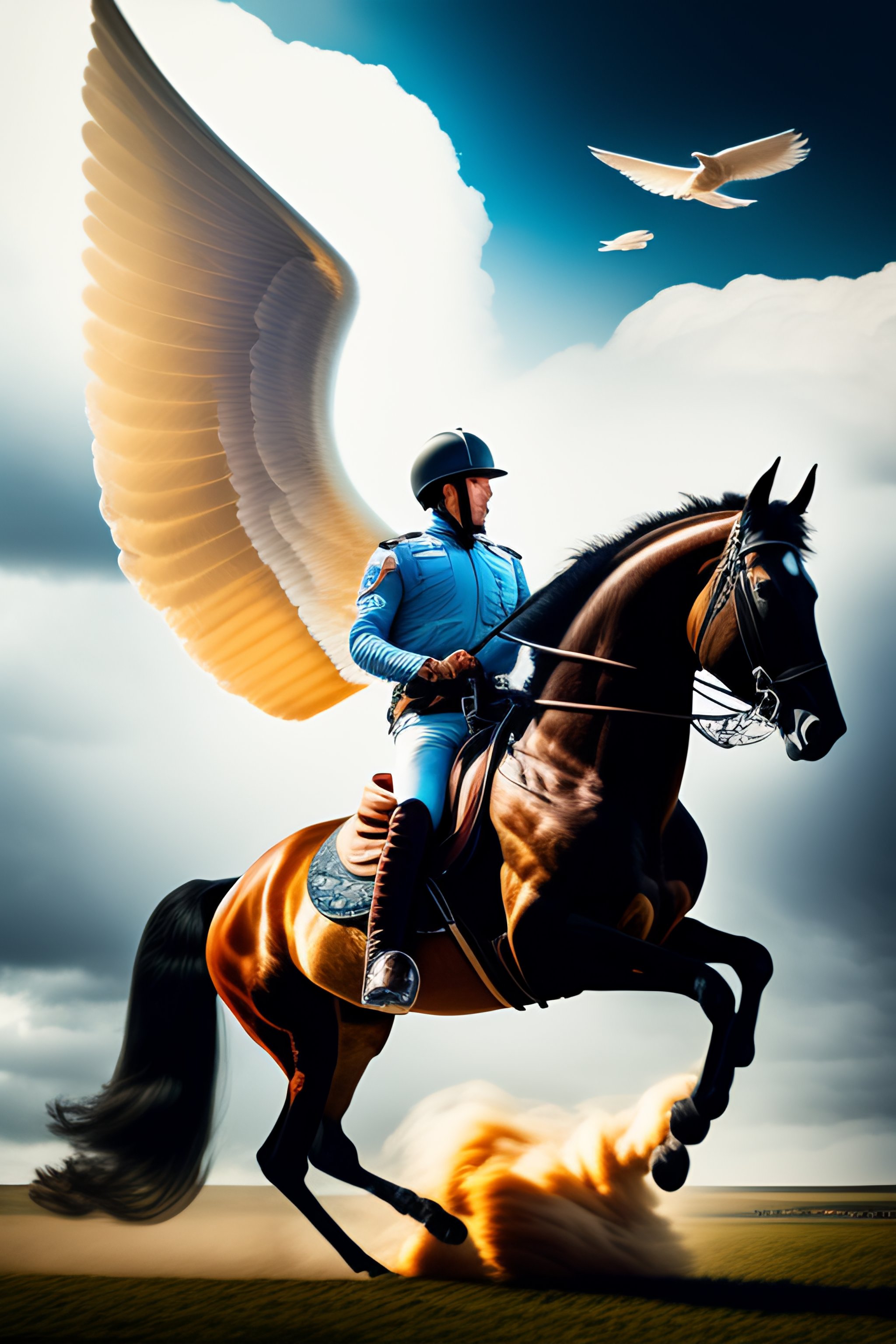 Lexica - Man riding a horse with wings fying into a big white door in ...