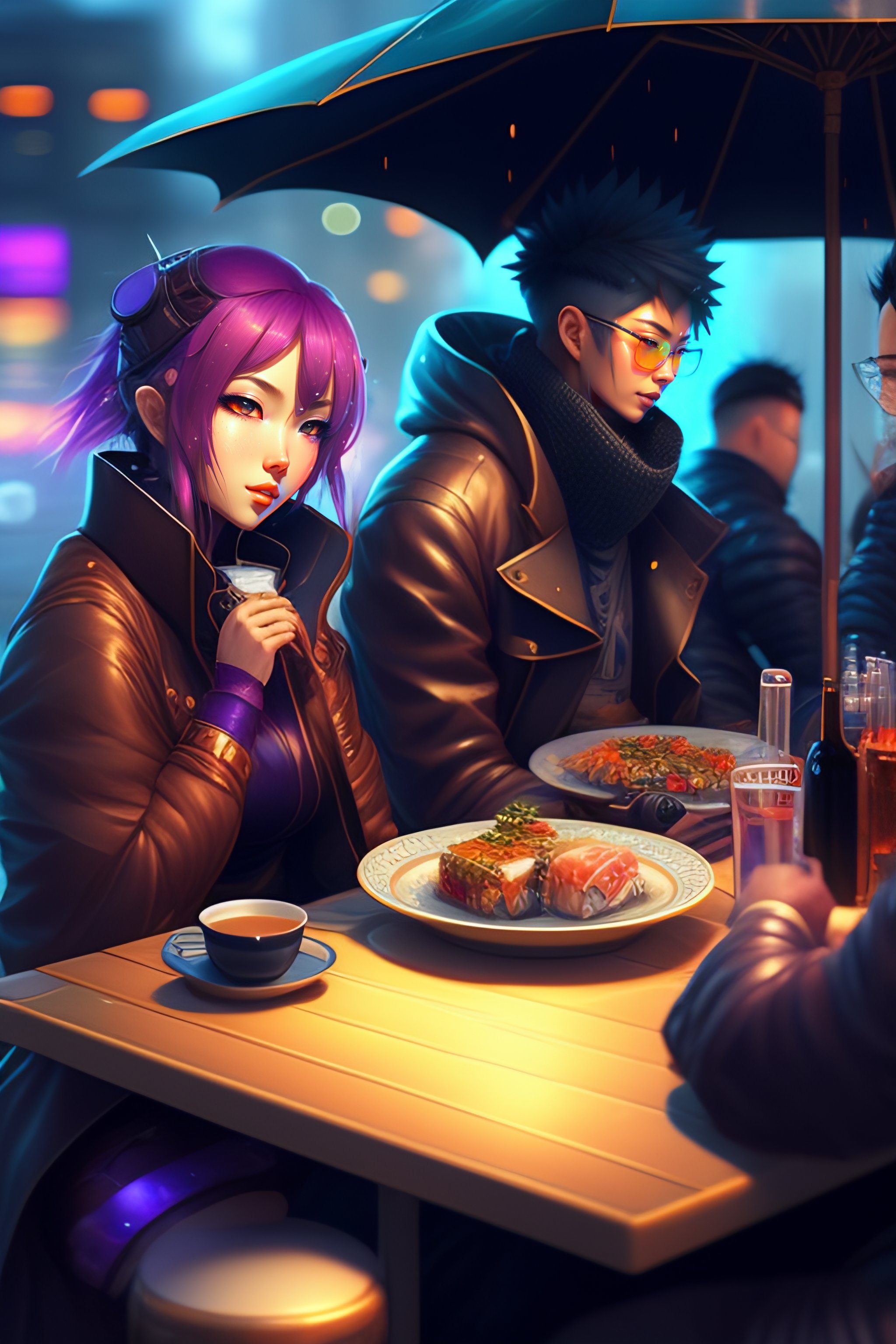 Lexica - A group of cyberpunk cyborg eating sushi on a table outside in ...
