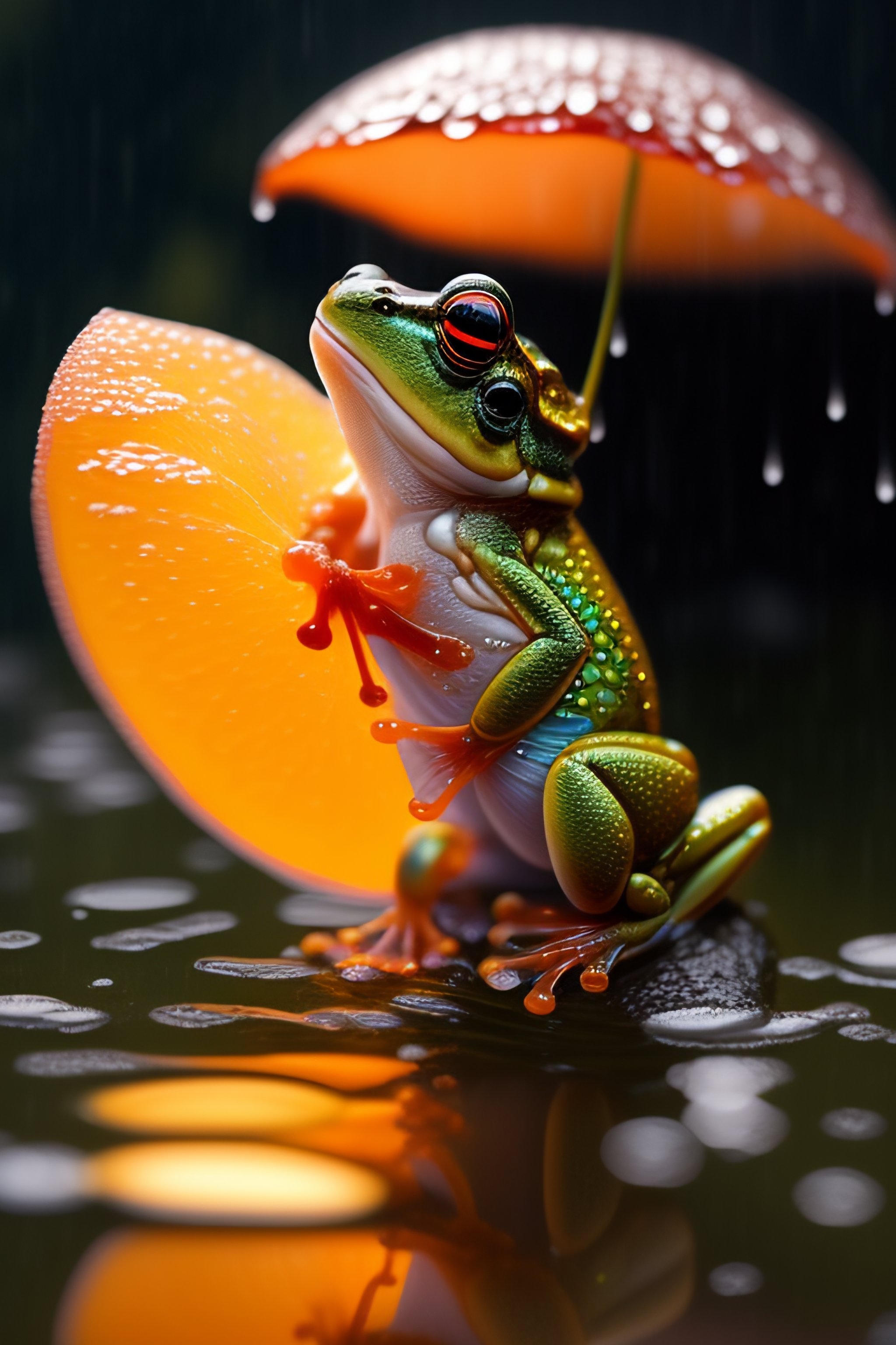 Lexica - A litle frog in the rain, orange spike aura in motion, damaged ...
