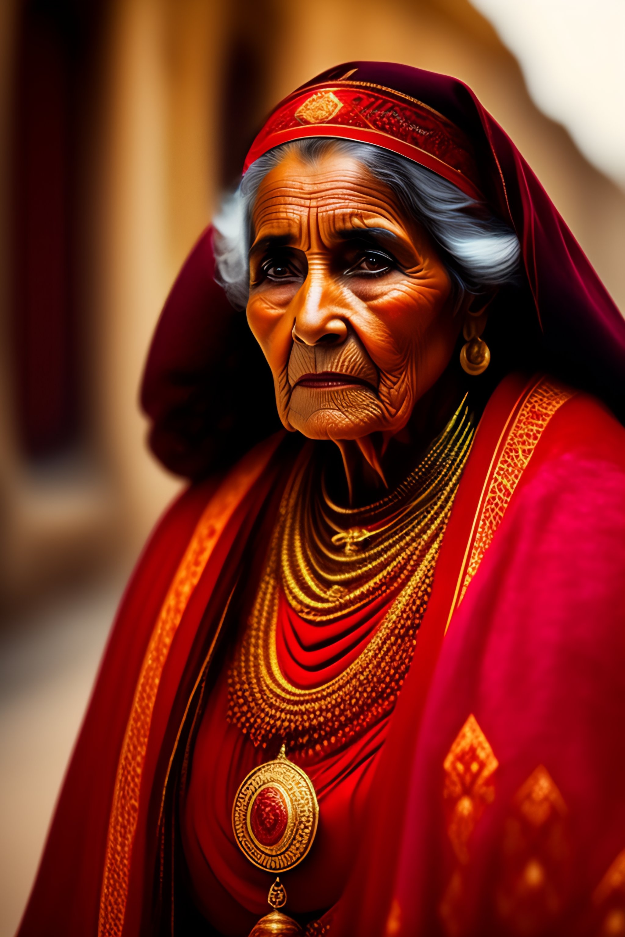 Lexica - Guanche old woman, red and gold clothes, poor
