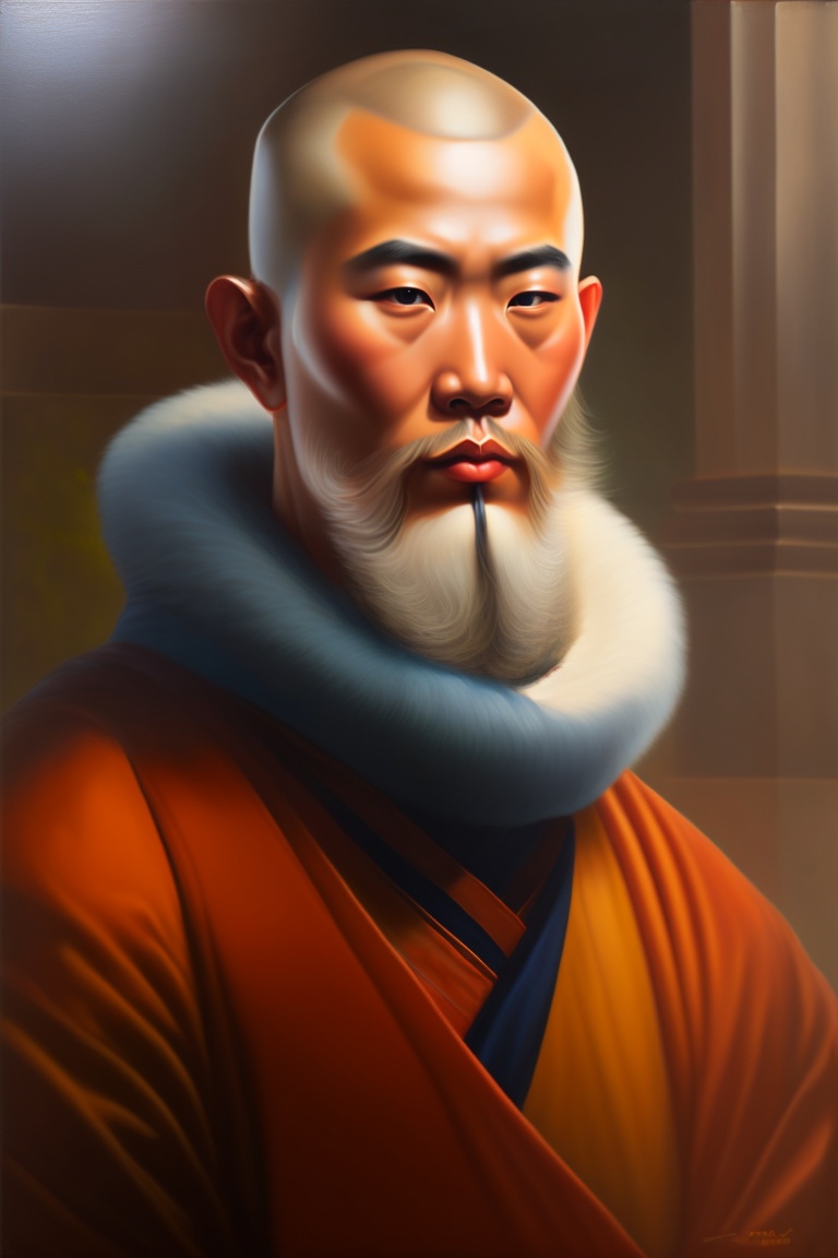 Lexica - Oil paiting of a chinese monk, temple,nack crane,no hair