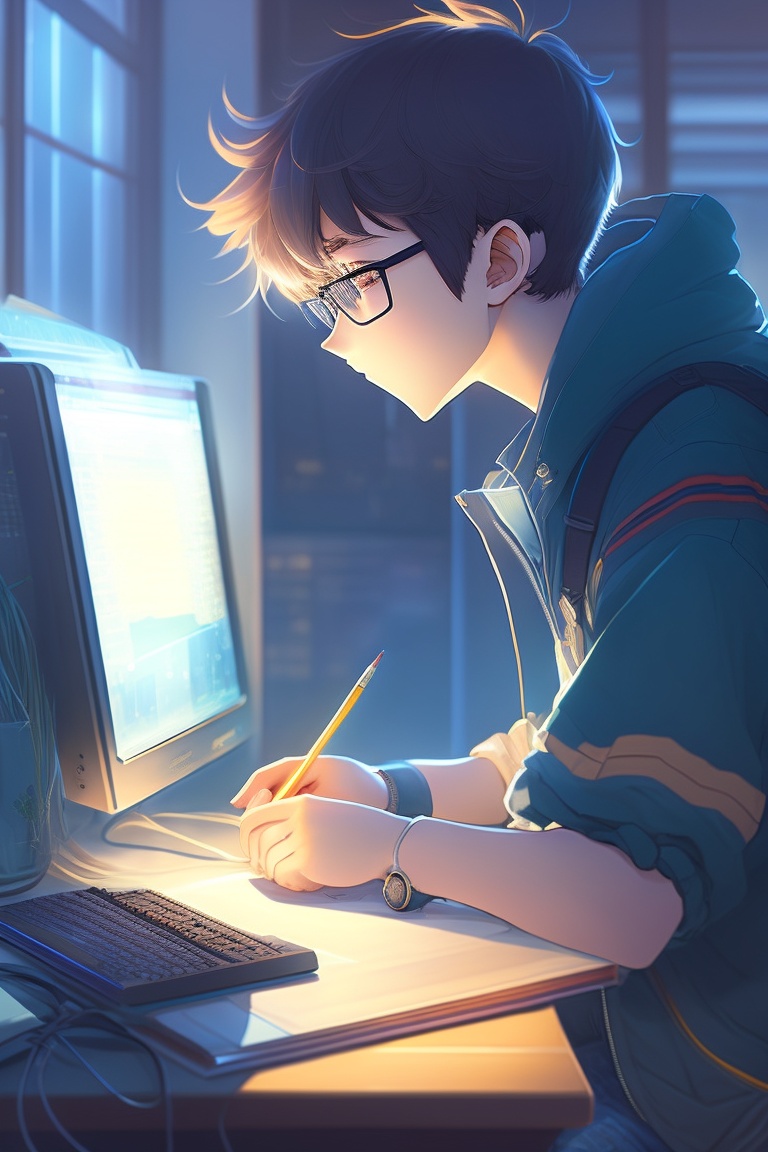 Lexica - A nerdy boy is programming at a computer in a room full of ...