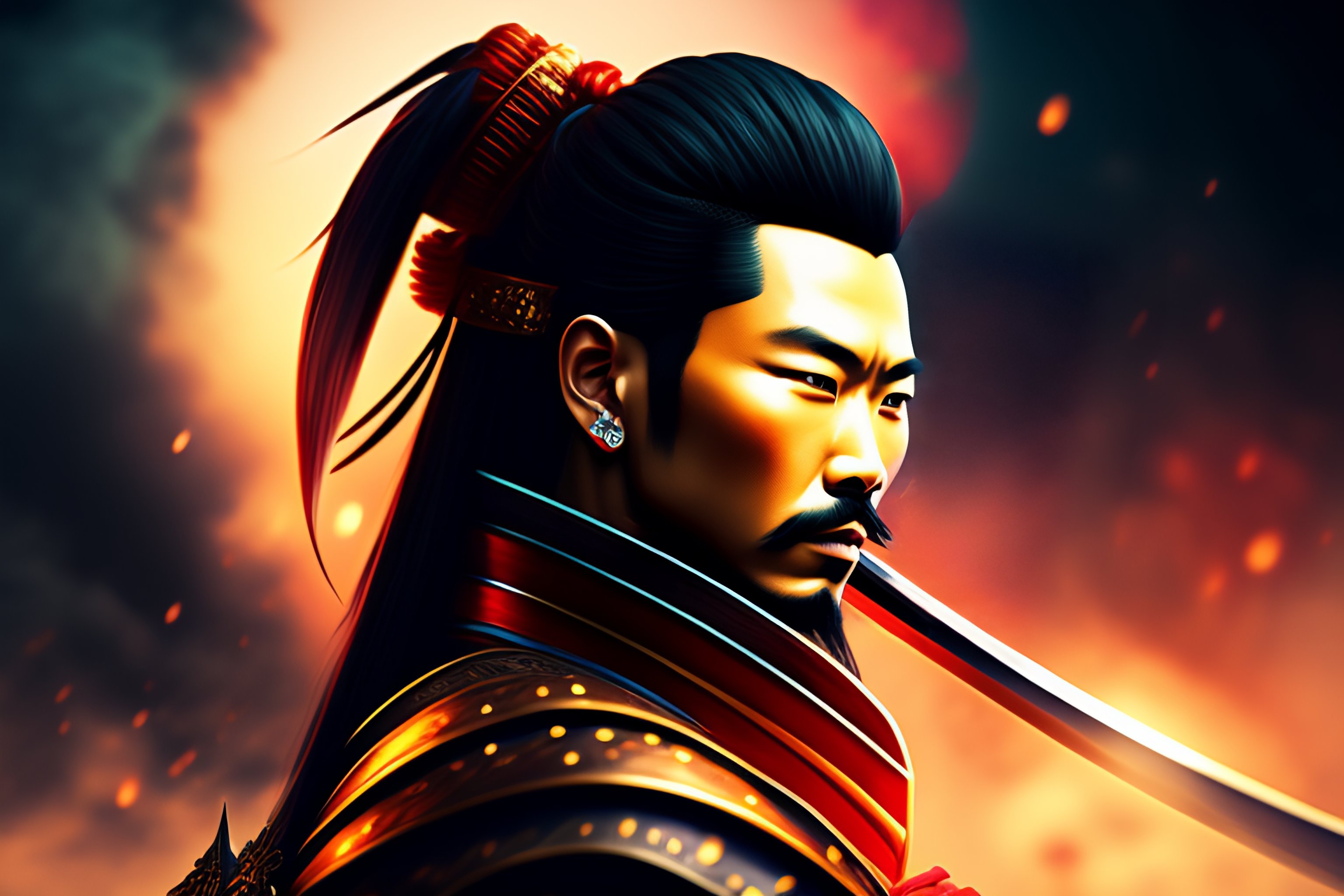 Lexica - 2d style samurai with war background