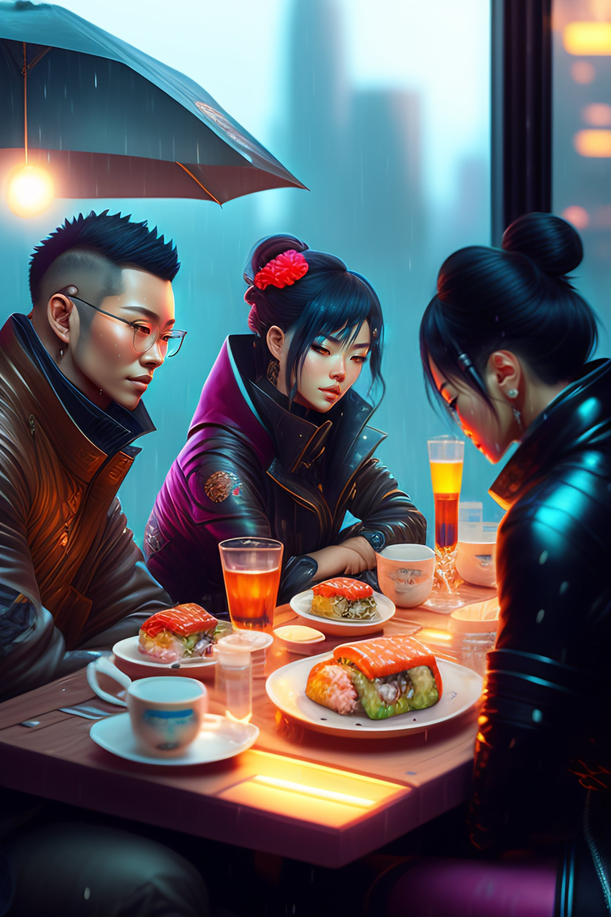 Lexica - A group of cyberpunk cyborg eating sushi on a table outside in ...