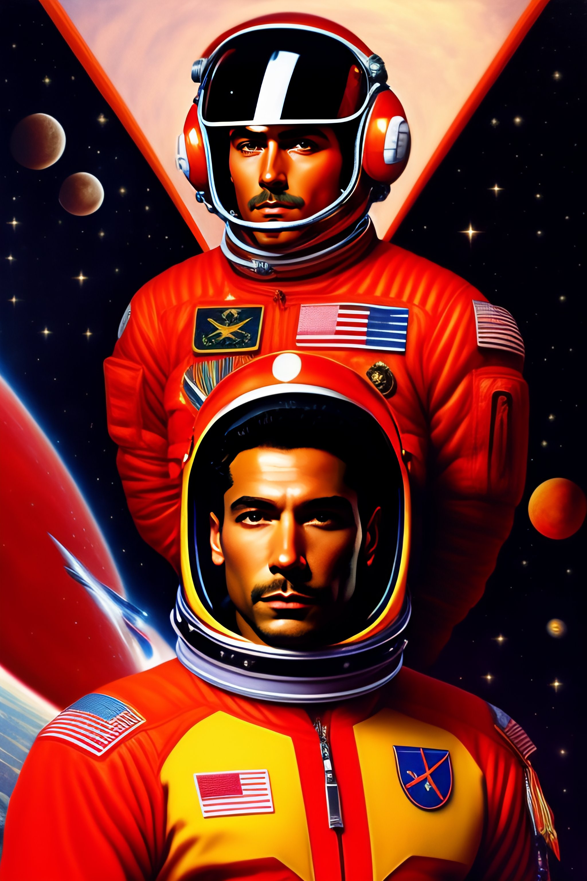 Lexica - Men, space captain, Full body view, wearing in red pilot suit, Art by Caravaggio