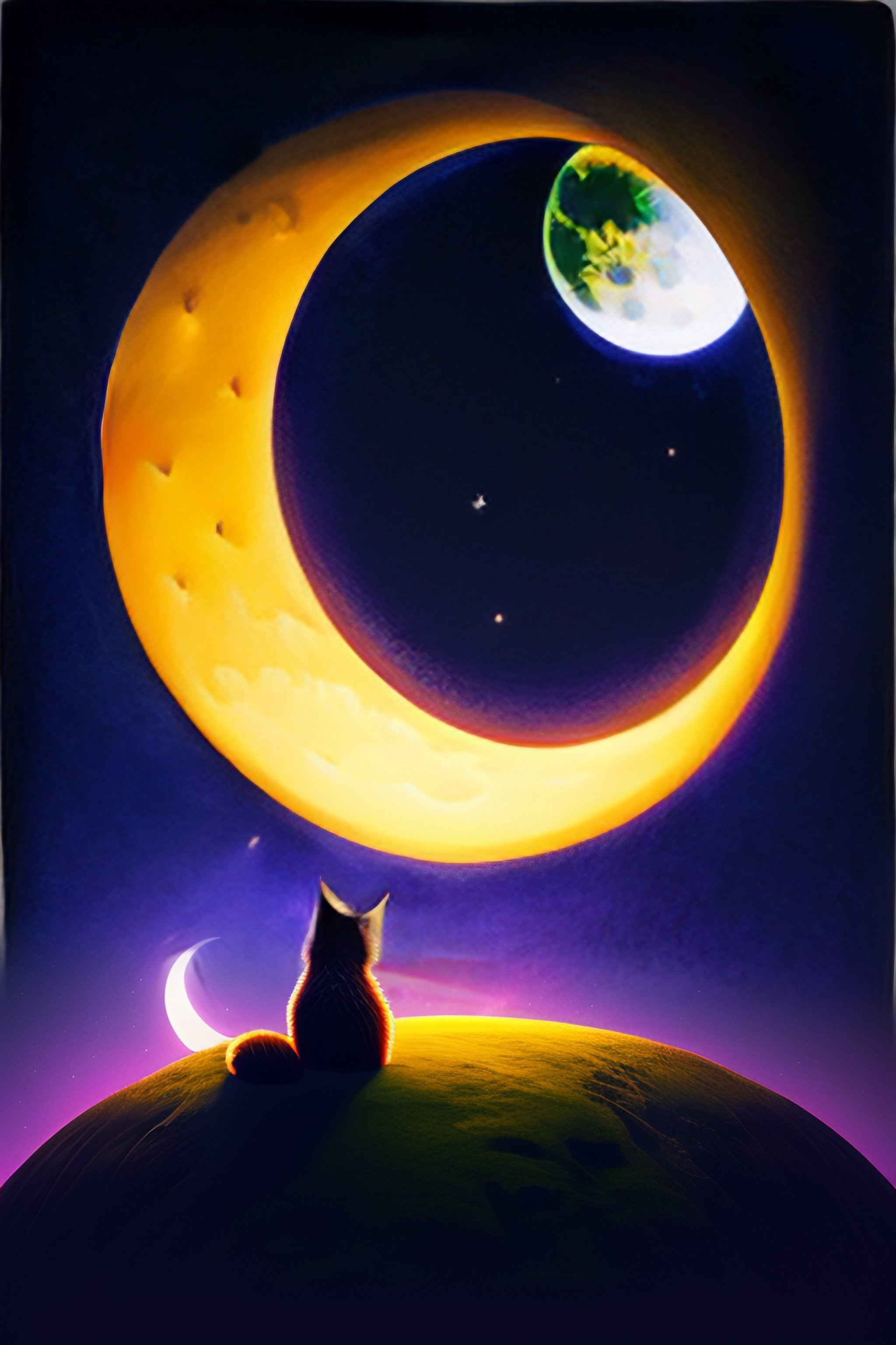 Lexica - Man and little fox moon on the top of green planet watching ...