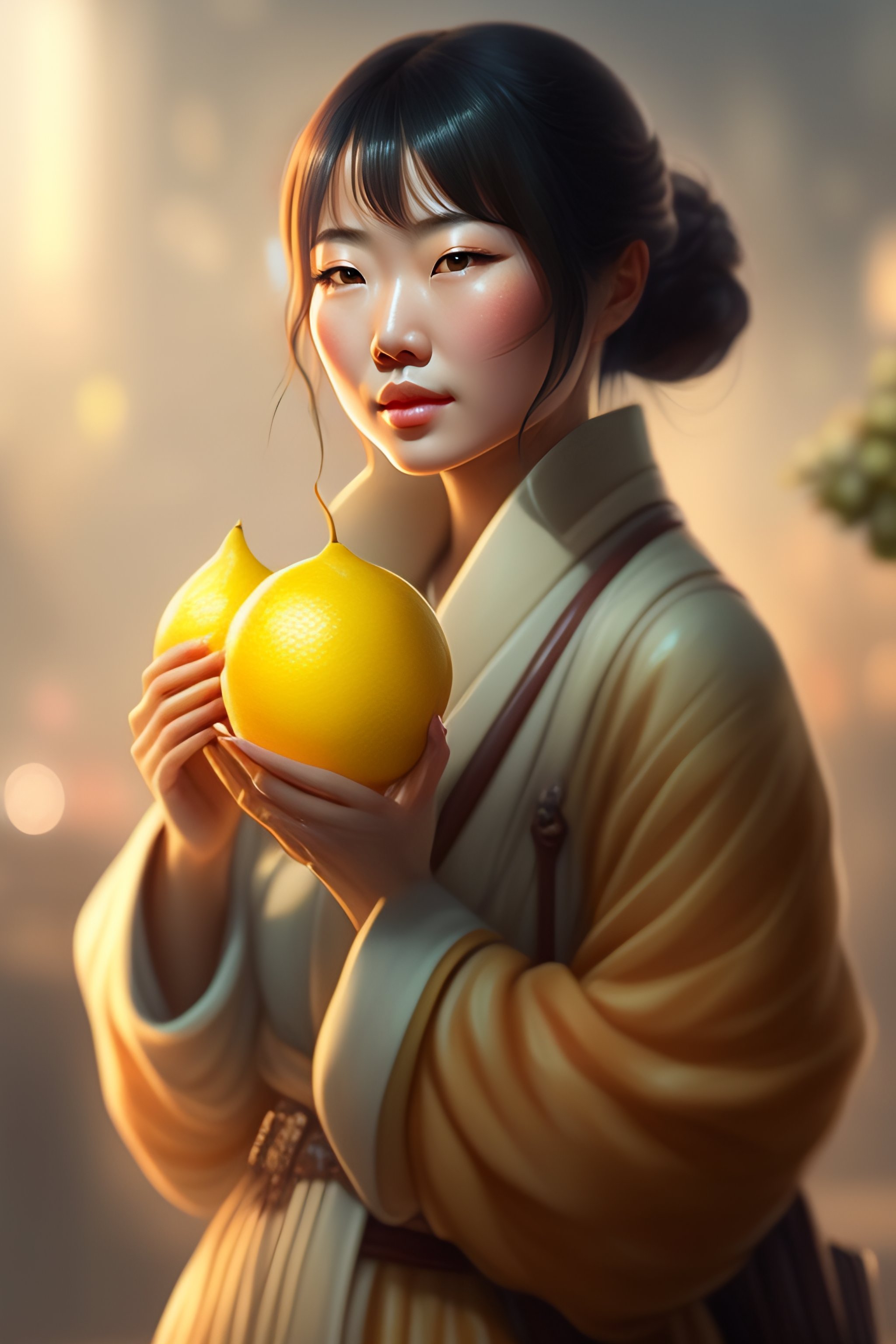 Lexica - Japanese woman holding a small lemon, lemons everywhere ...