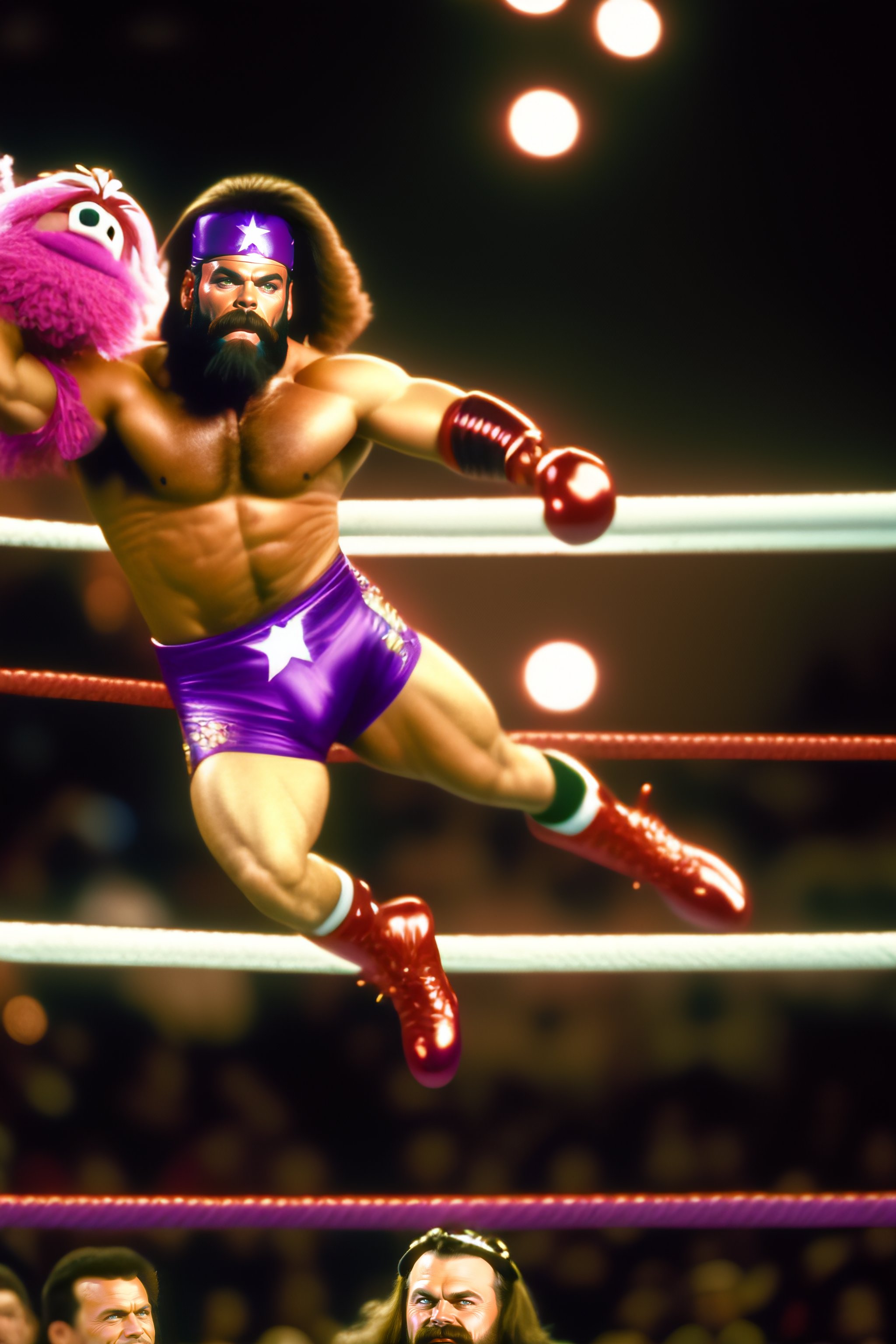 Lexica - A bokeh photograph of Randy Macho Man Savage and a Muppet ...