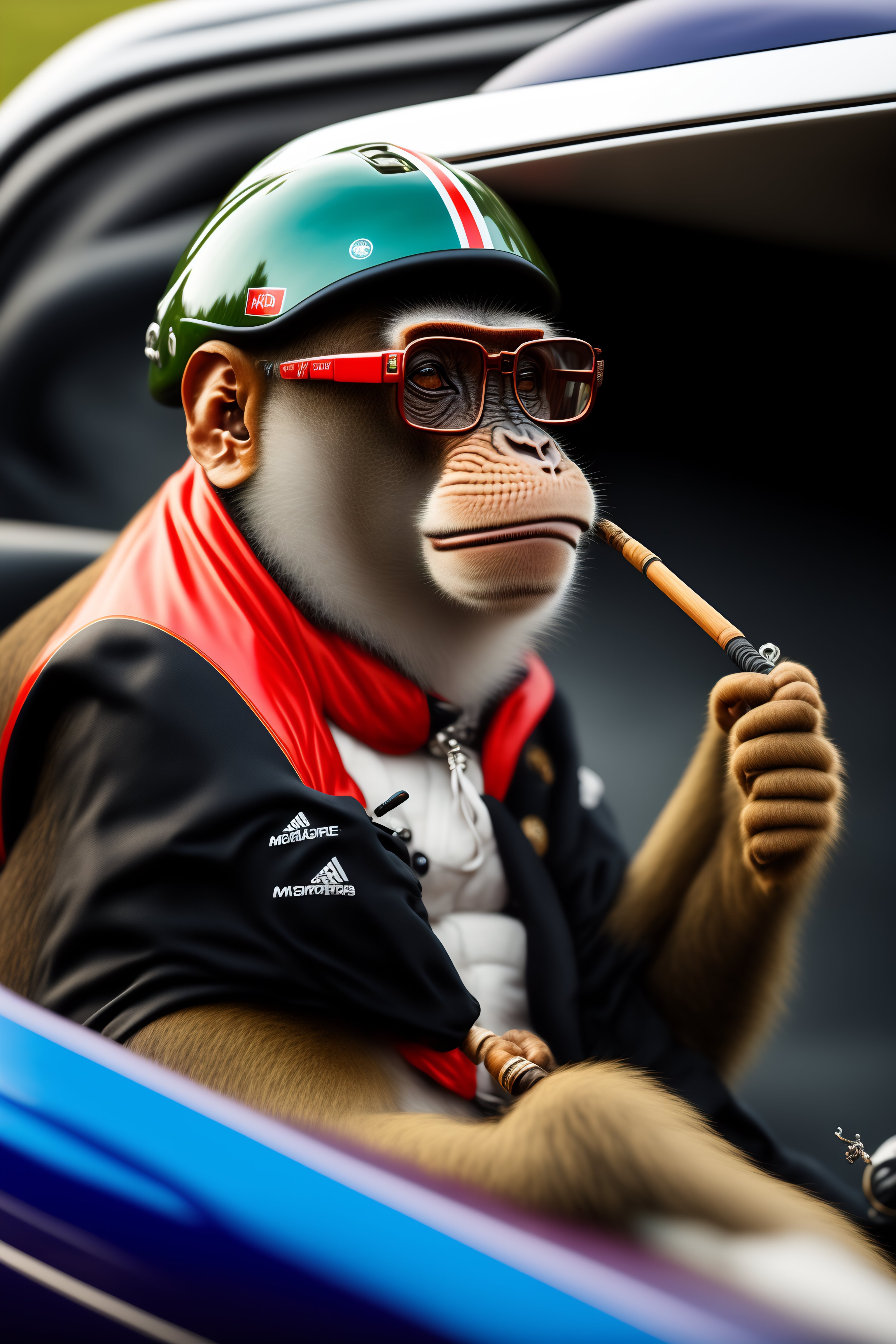 Lexica - Wise monkey smoking a pipe with racing motorsport suit with ...