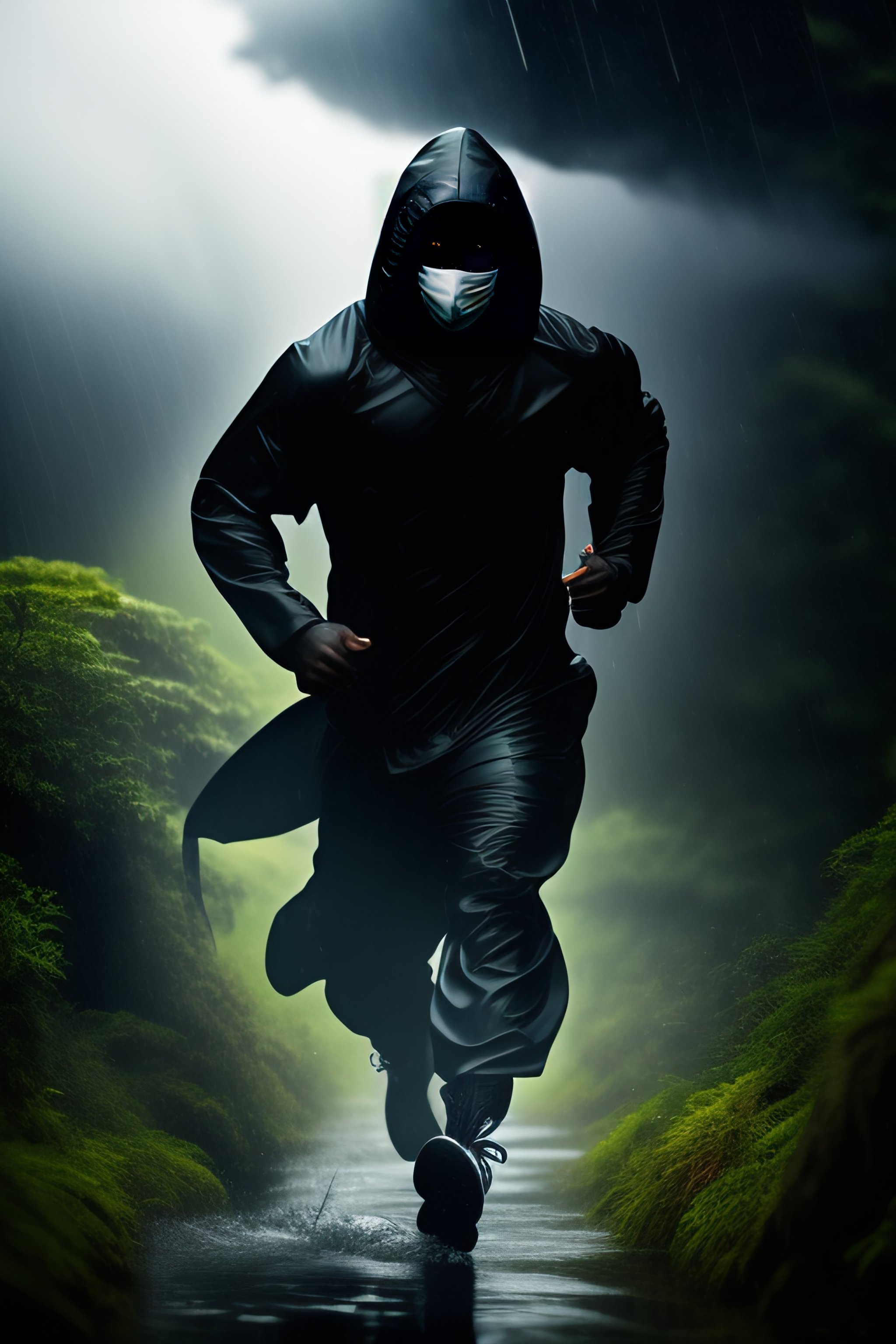 Lexica - Image of a black Ninja Assassin running in a stormy night rain ...