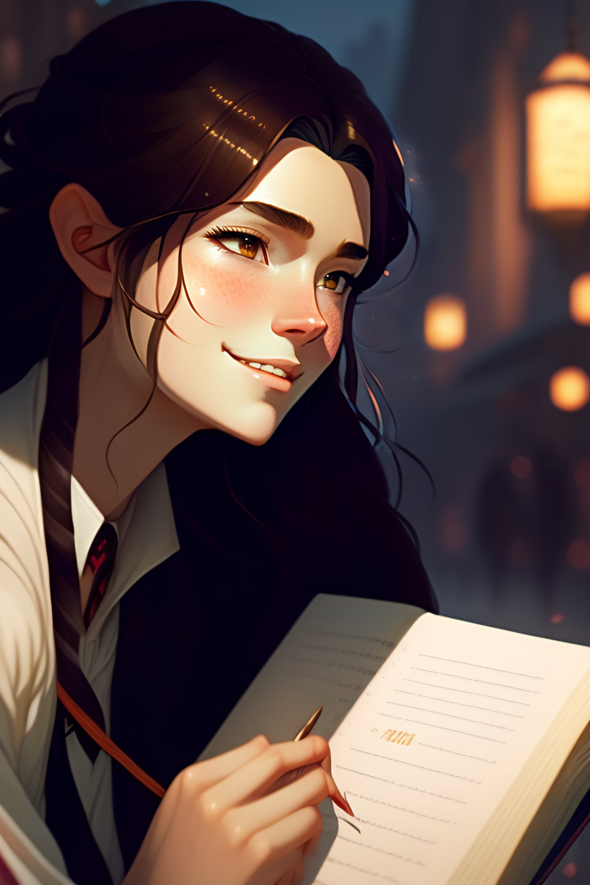 Lexica - Reporter reading half-elf serious frown freckles brunette ...