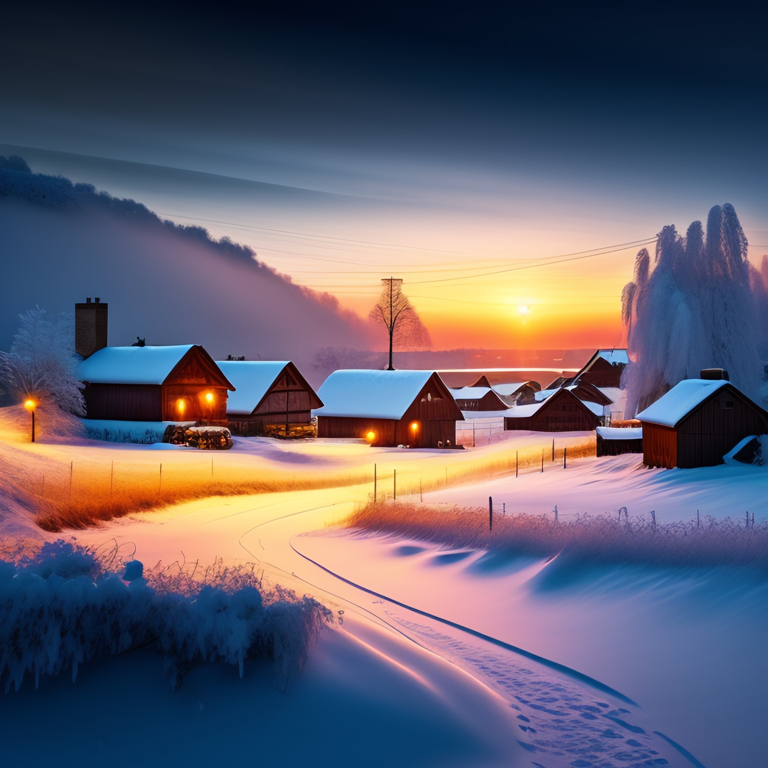 Lexica - Village, winter, frost, evening sky, snow