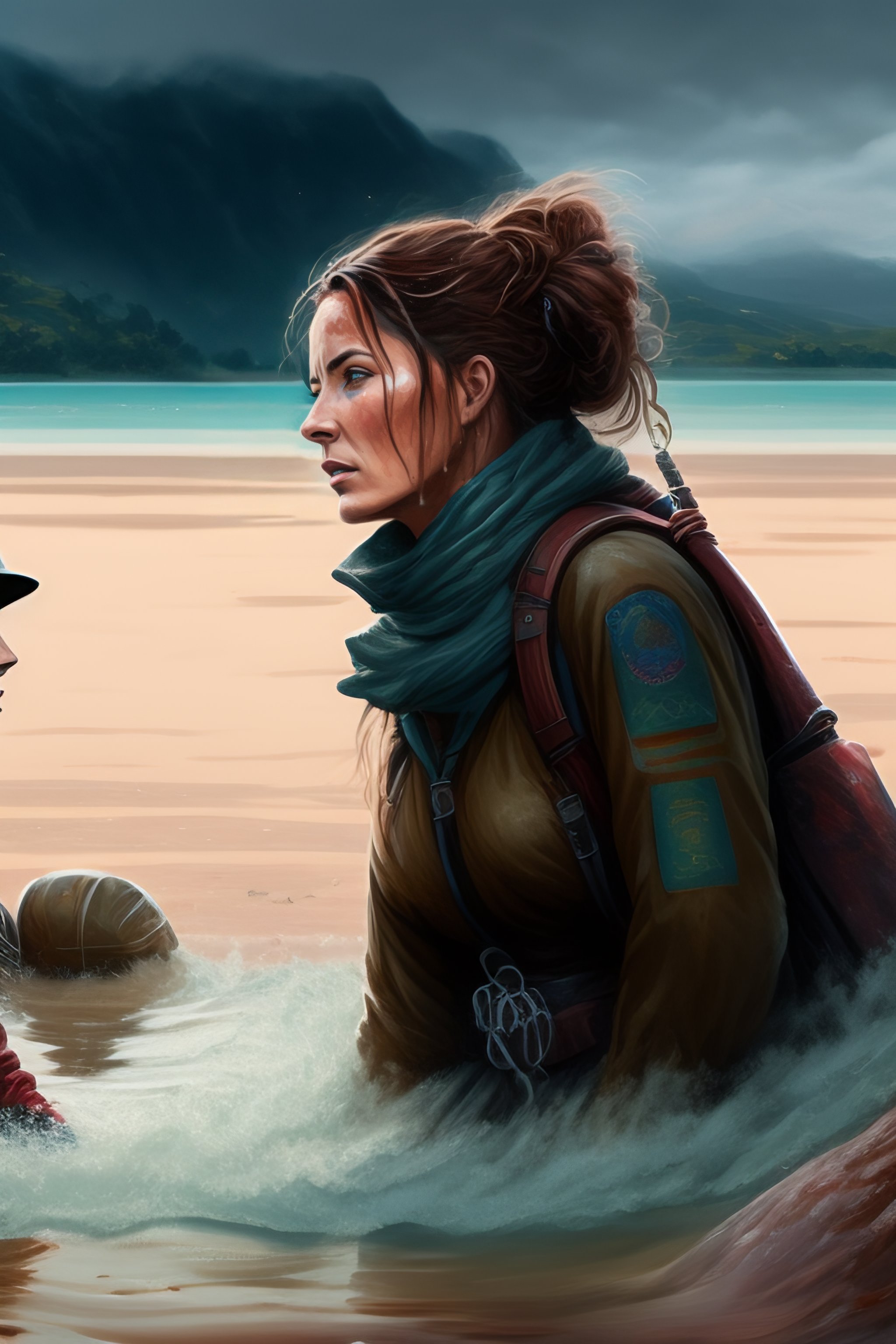 Lexica - Coloured sketch art style, 2 scared explorer women sinking in ...