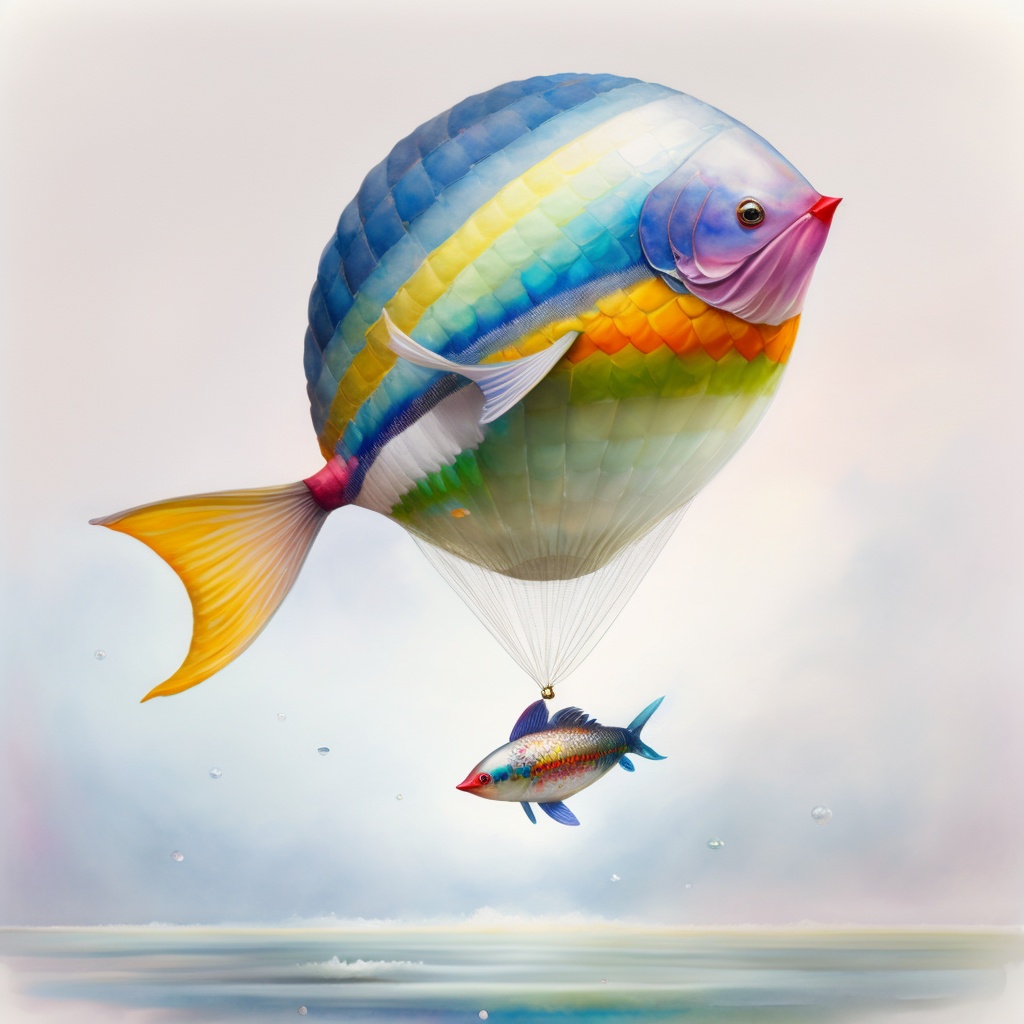 Lexica - White background, flying fish with a zeppeling balloon lifting the fish, “Full-length ...
