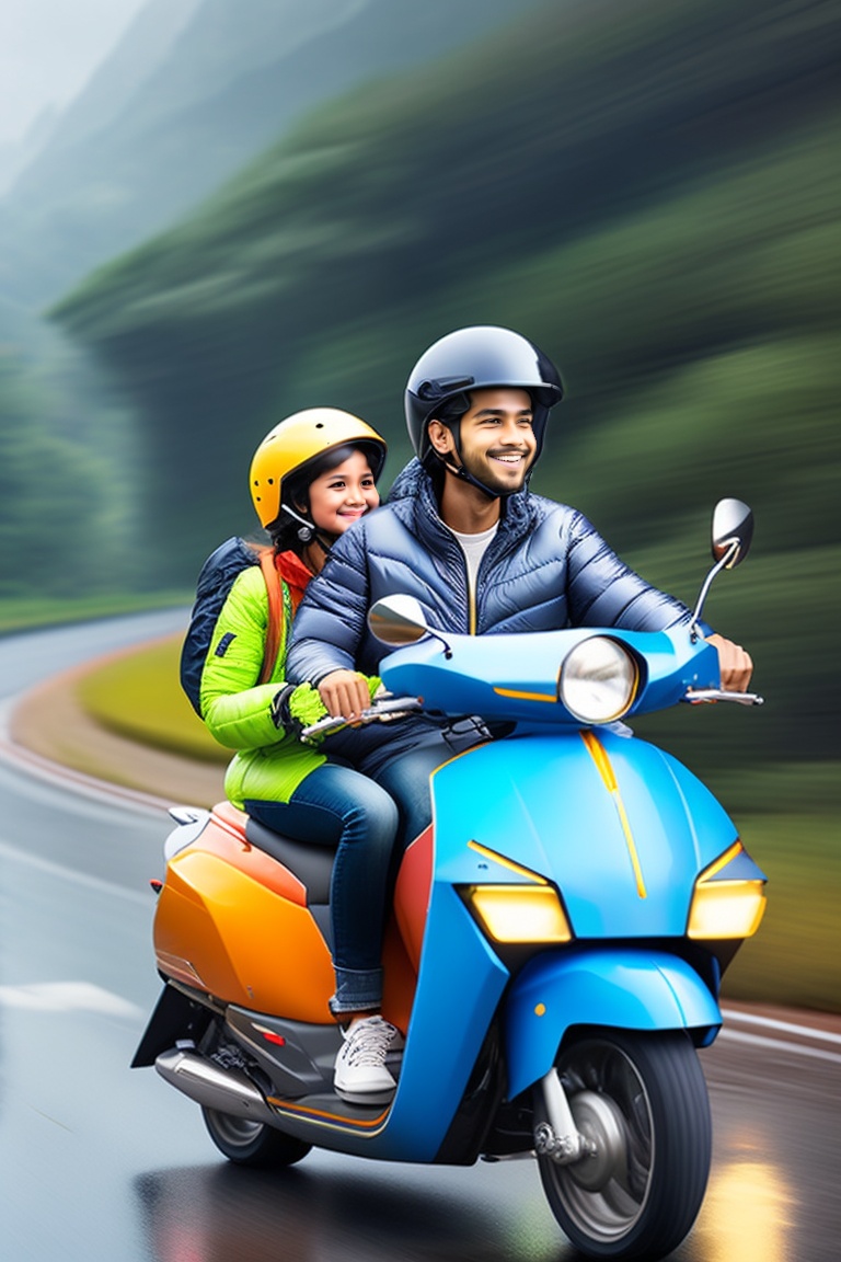 Lexica - A couple riding scooty in a rainy day in highway,wearing ...