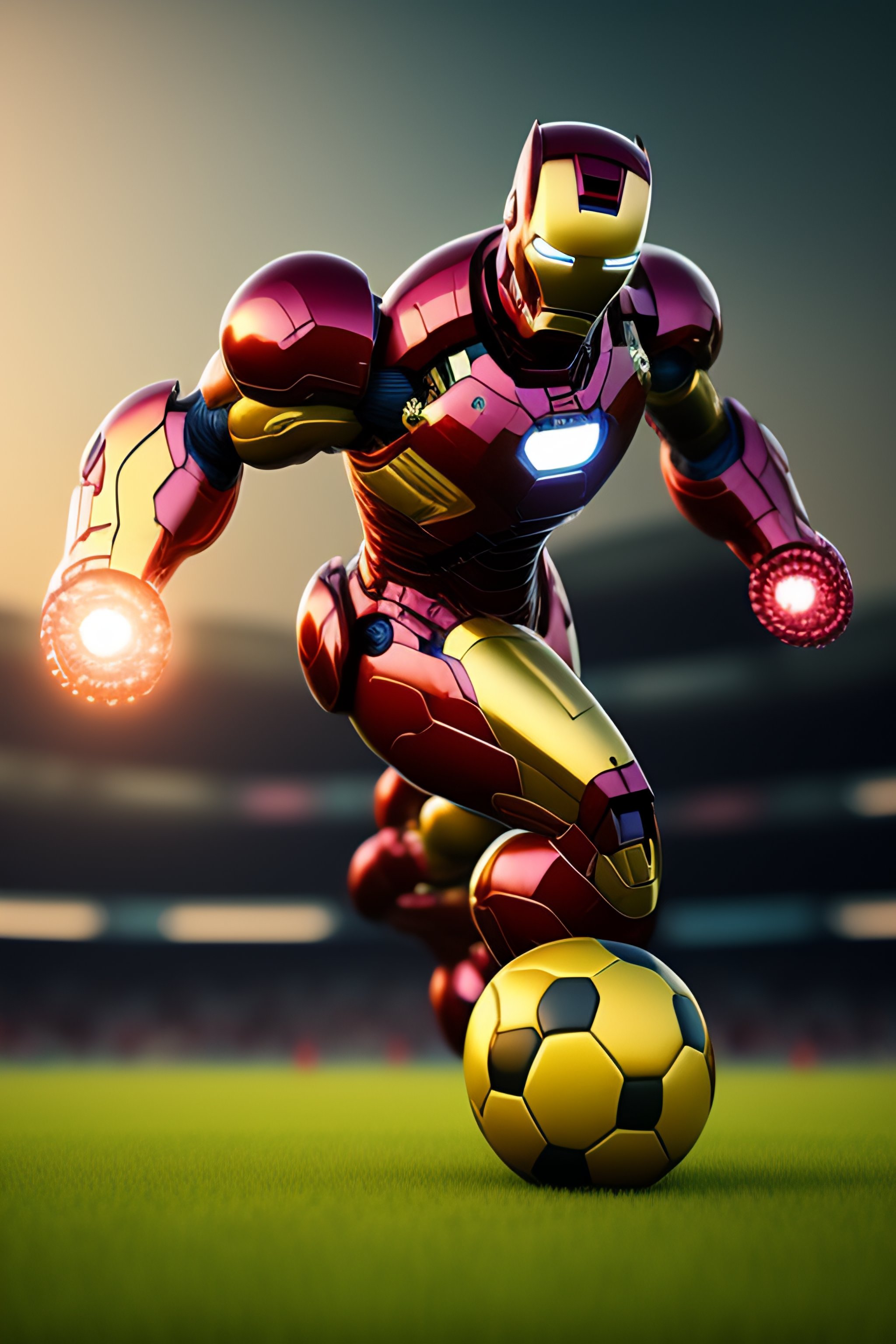 Lexica - Iron man, foot on a soccer ball, grass, stadium, lights, soft ...