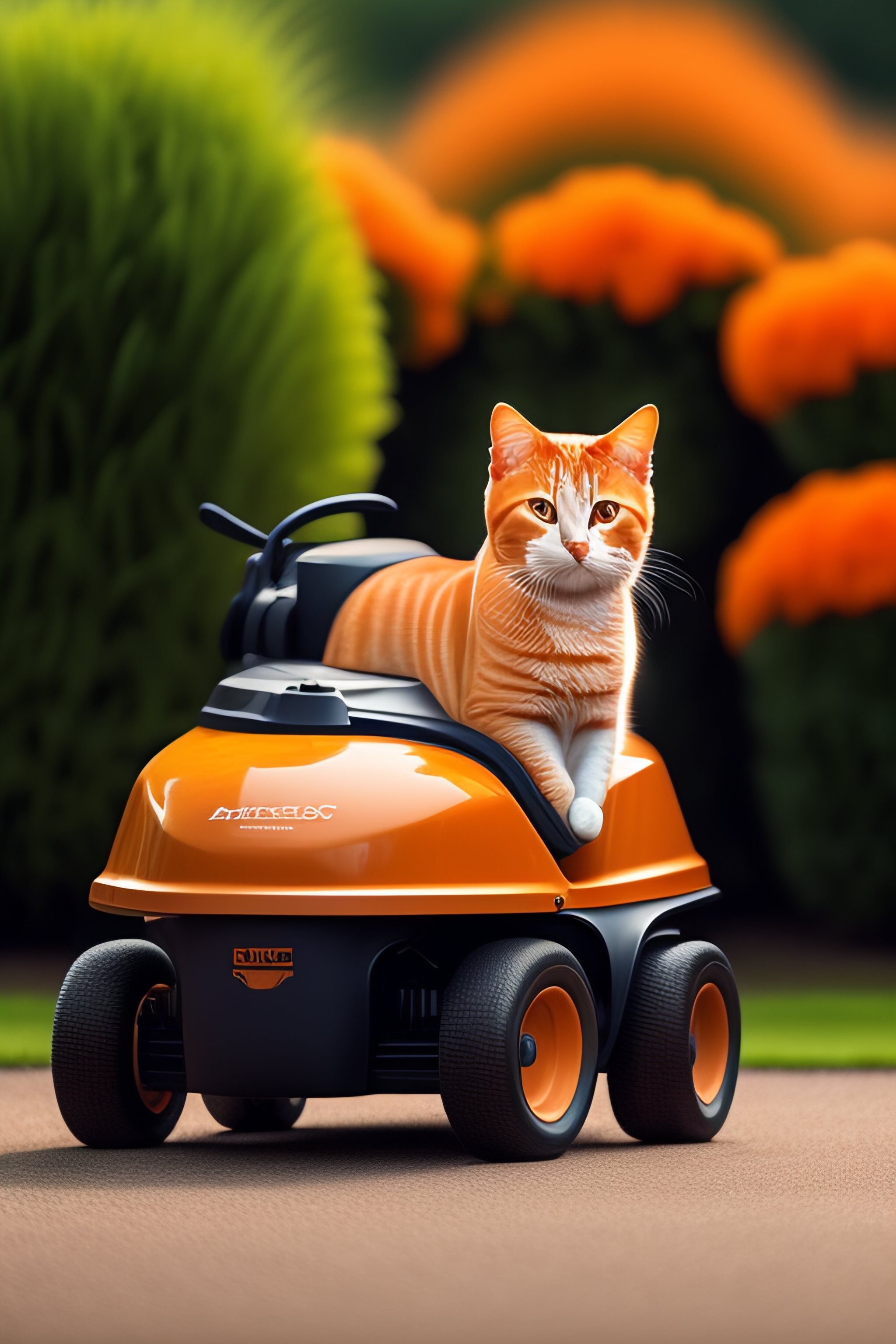 Lexica - An orange tabby cat riding a lawnmower