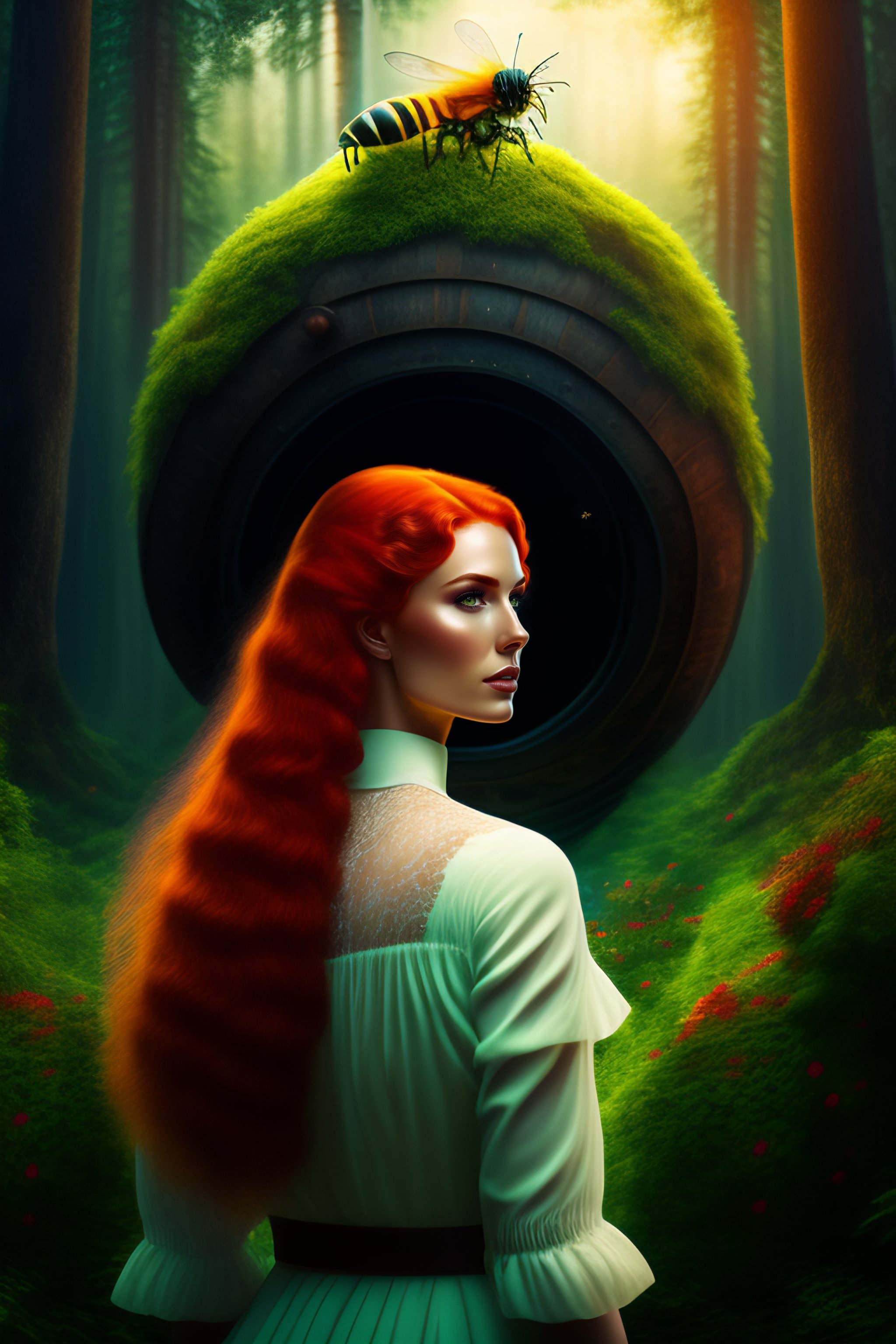 Lexica - Red hair woman with her back turned and large bee, elegance, magic garden honeybee hive ...