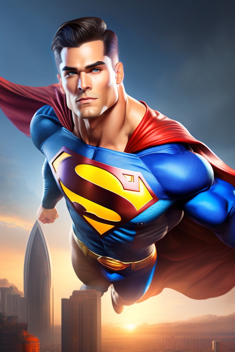 Lexica - Superman soaring through the vibrant city skyline at sunset ...