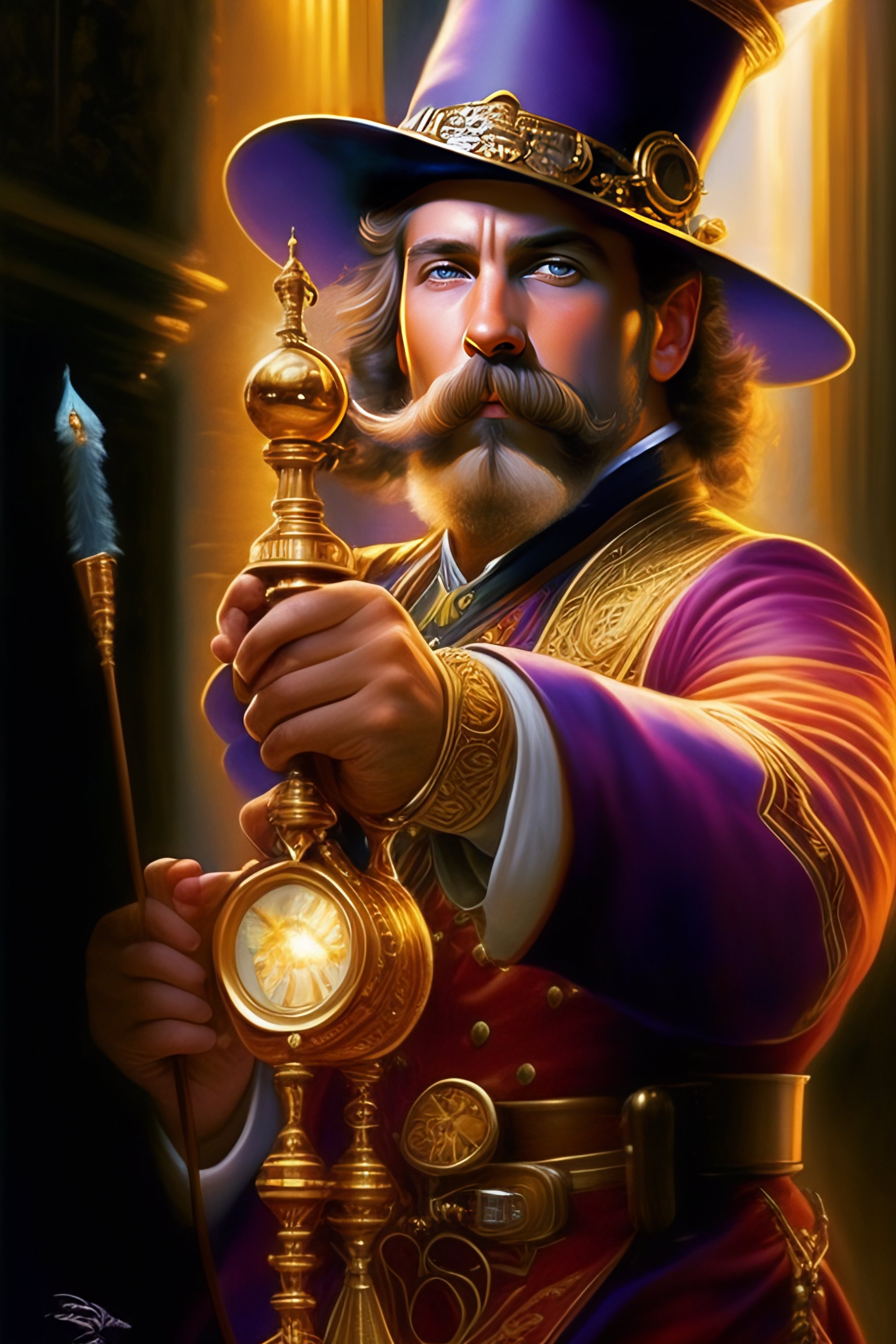 Lexica - Wizard inventor, steampunk magic wand, painted by Drew Struzan