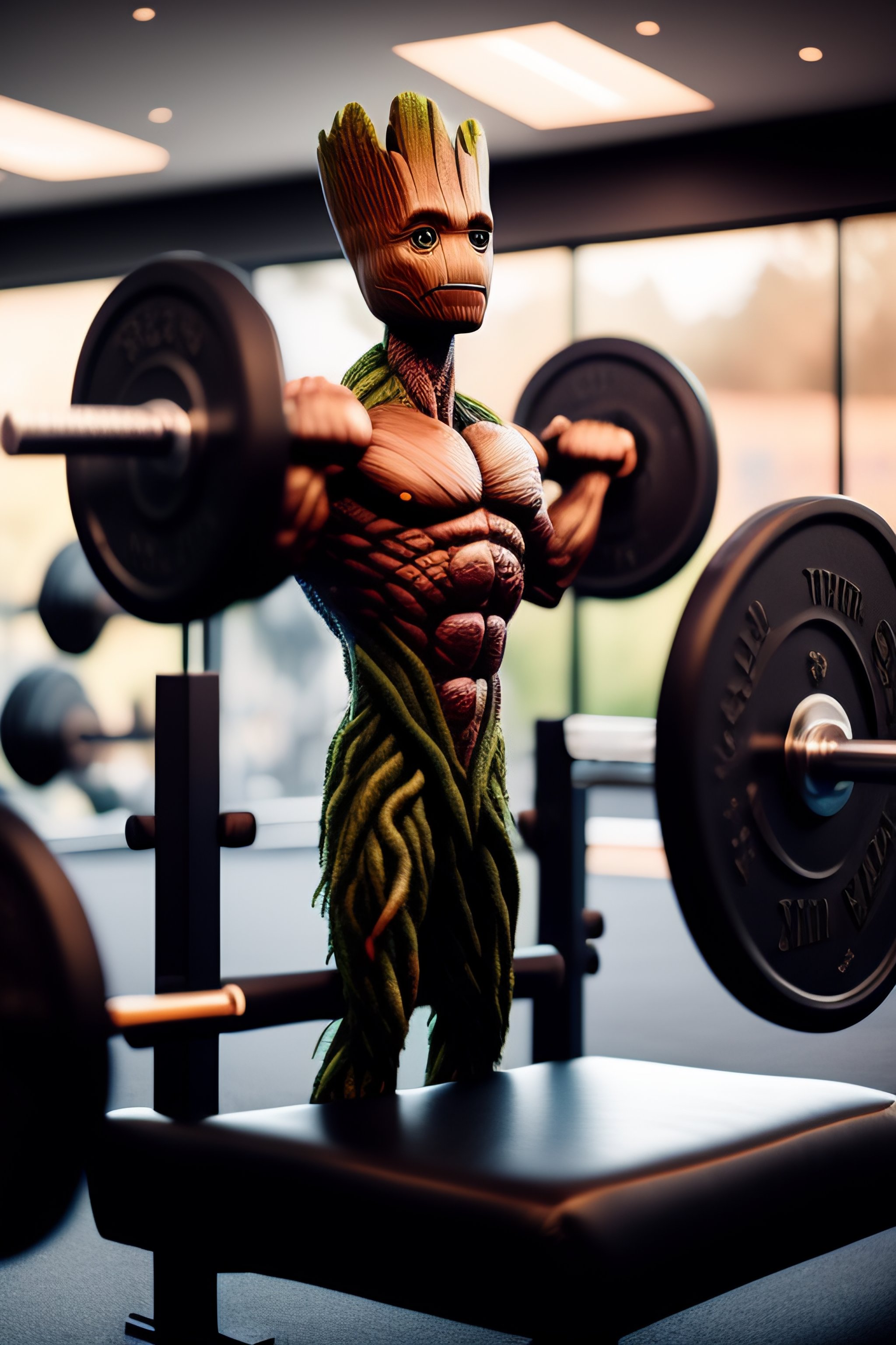 Lexica - Groot doing bench press and getting swole at a luxury gym ...