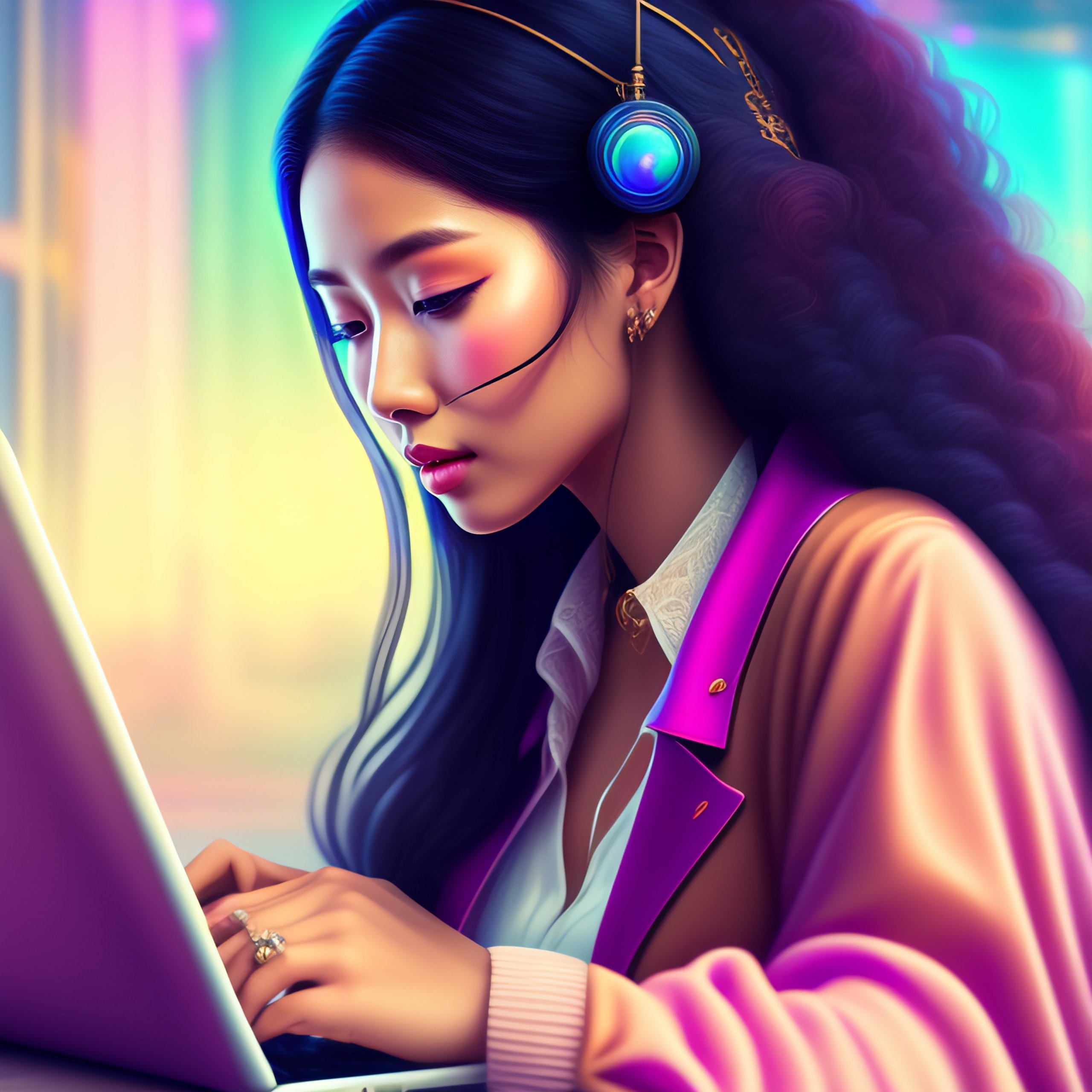 Lexica - Woman programming on her laptop, fantasy, future, pastel ...