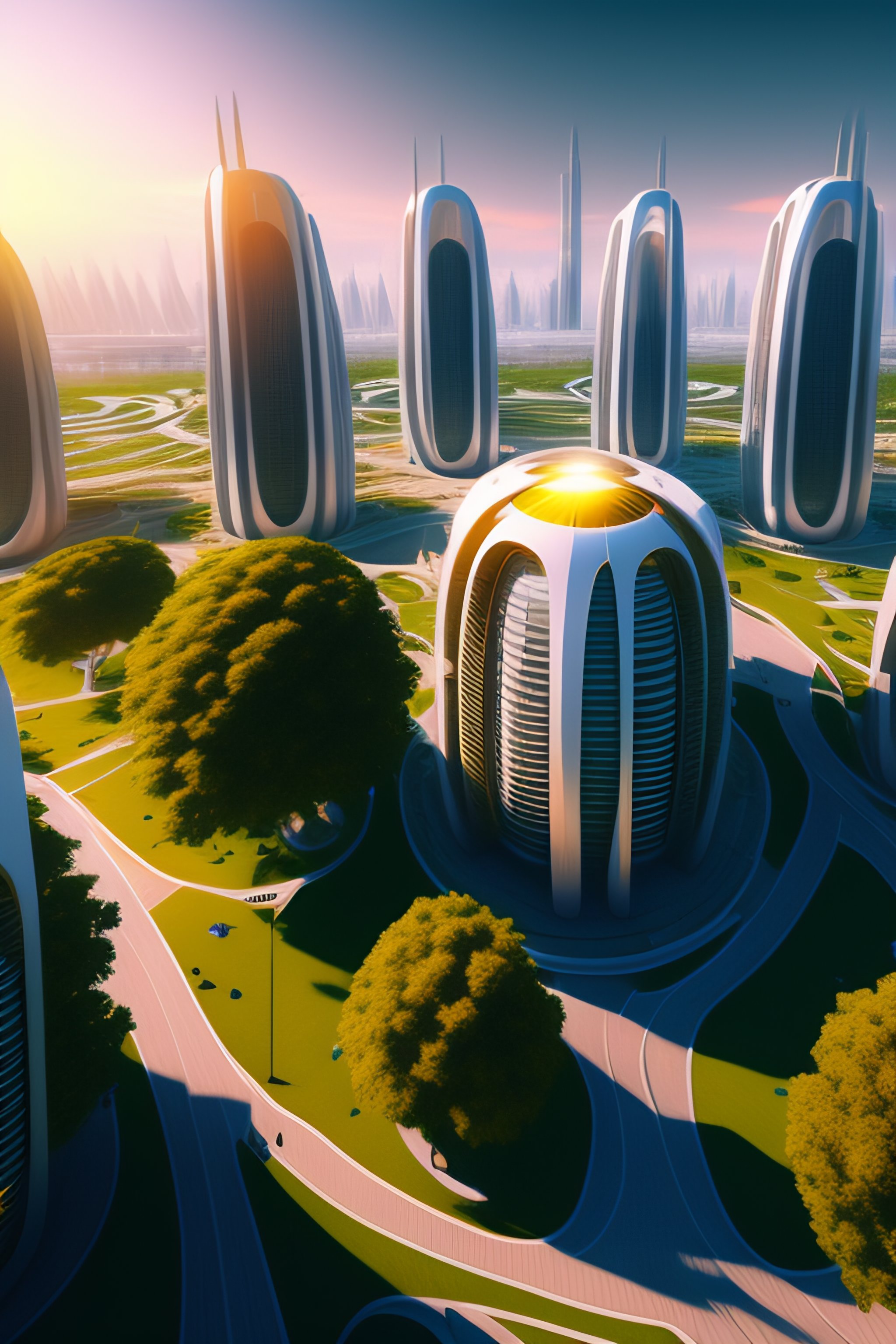 Lexica - Futuristic utopian city, central hub, spiral white buildings, golden sunset, research ...