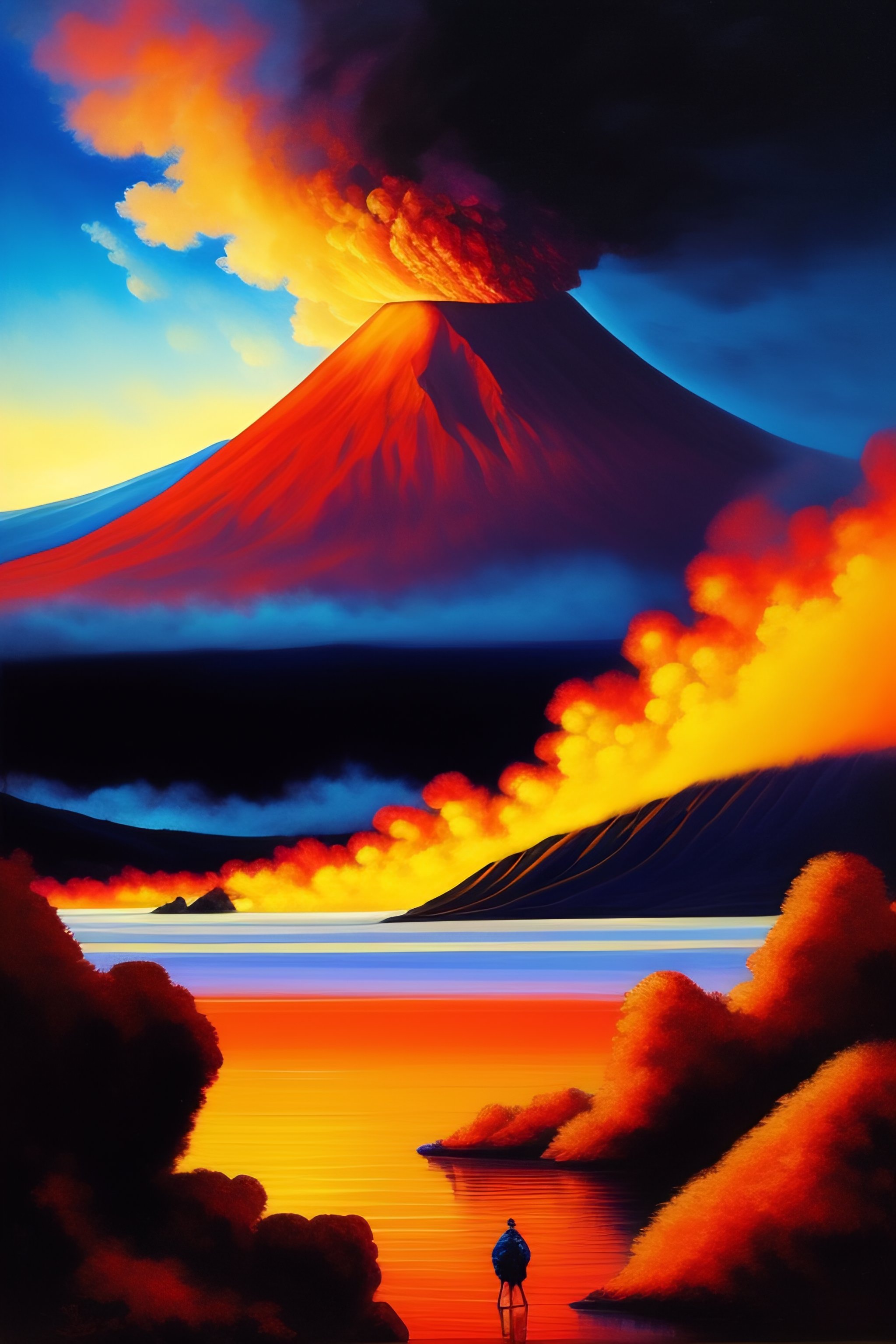 Lexica - Haleakala volcano erupting. Two people jump over a lava river ...