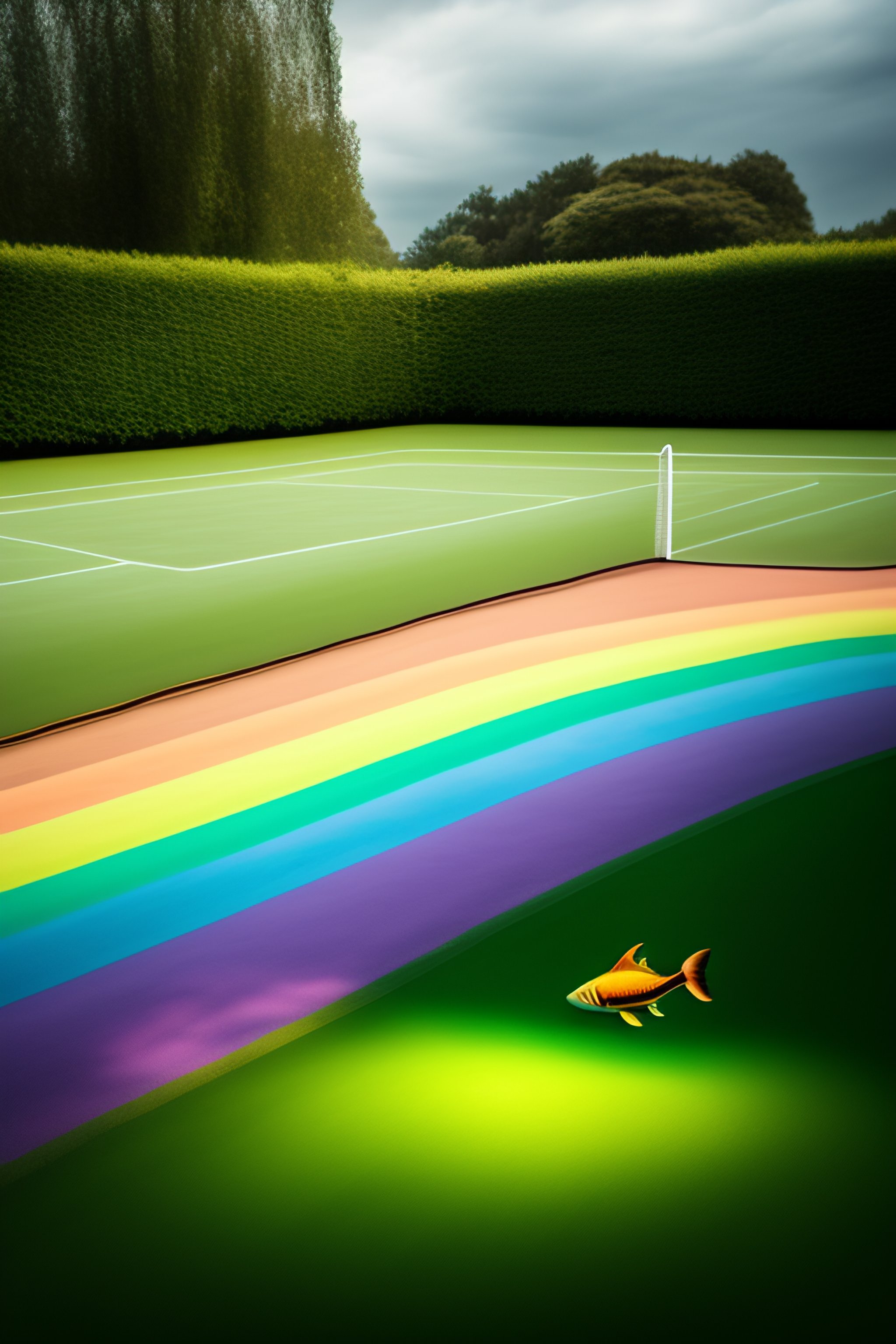 Lexica - Two fish playing tennis on grass under a rainbow