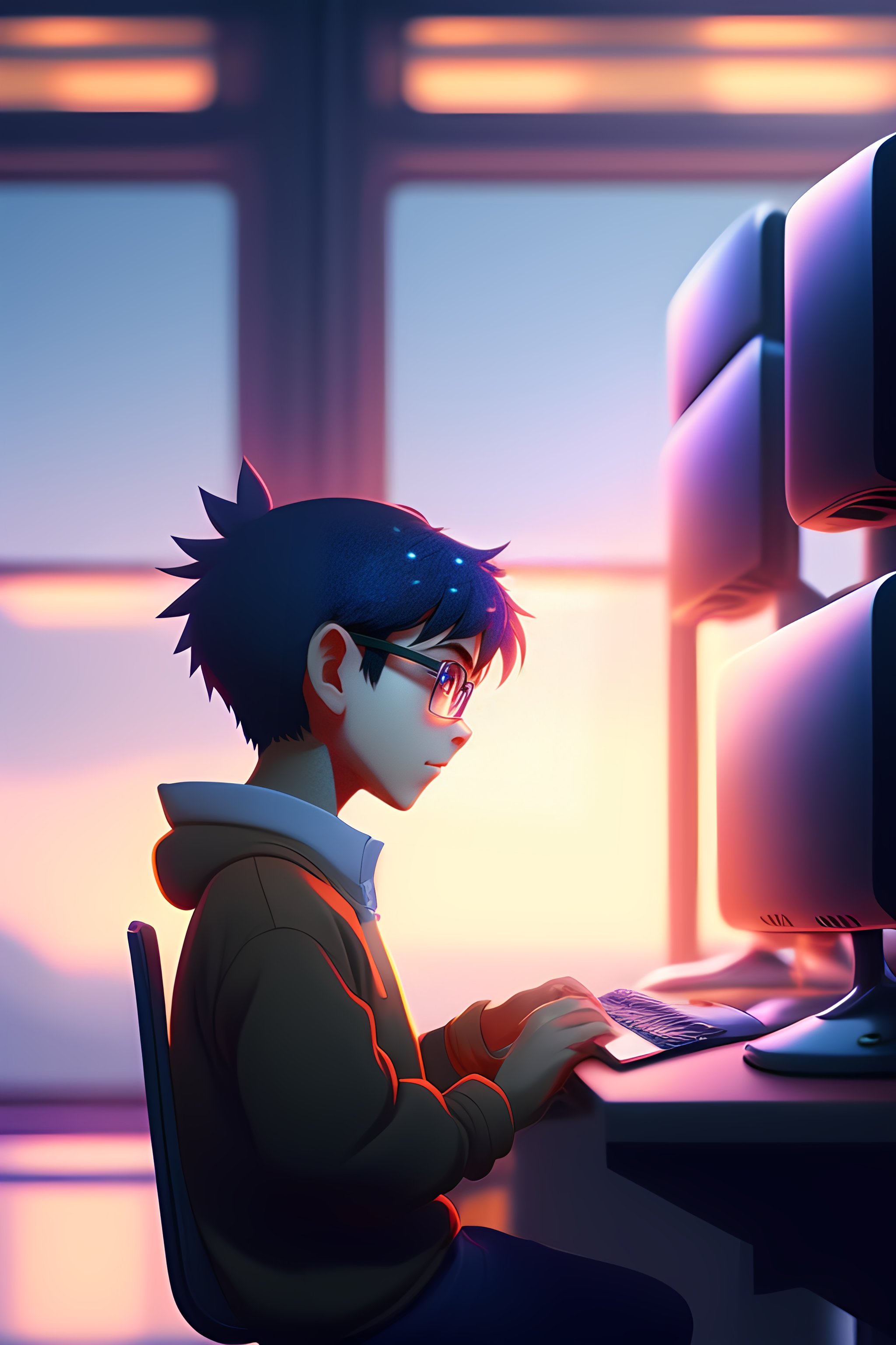 Lexica - A nerdy boy is programming at a computer in a room full of ...