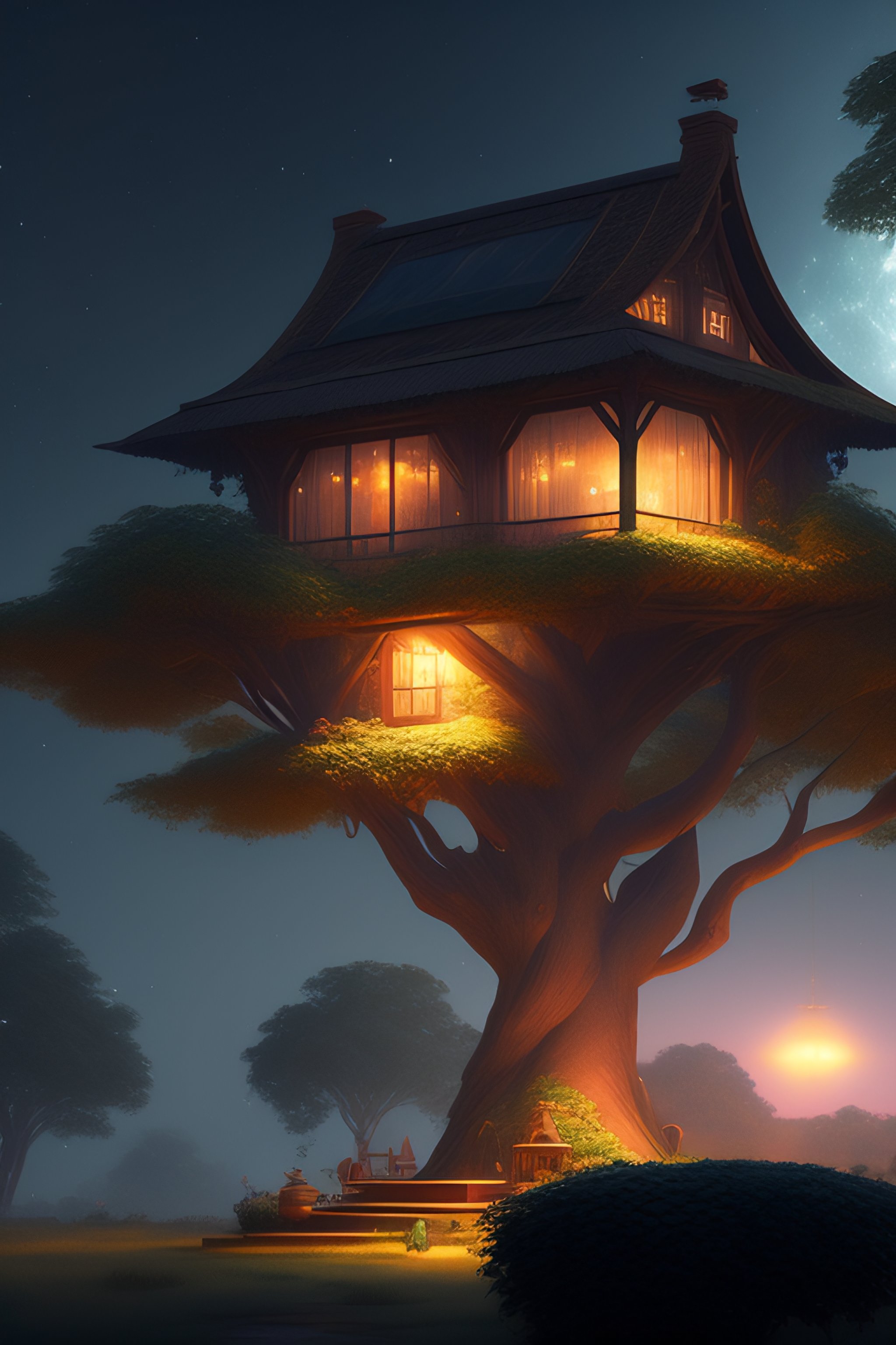 Lexica - Rain - tree house with windows, night, stars in the sky ...