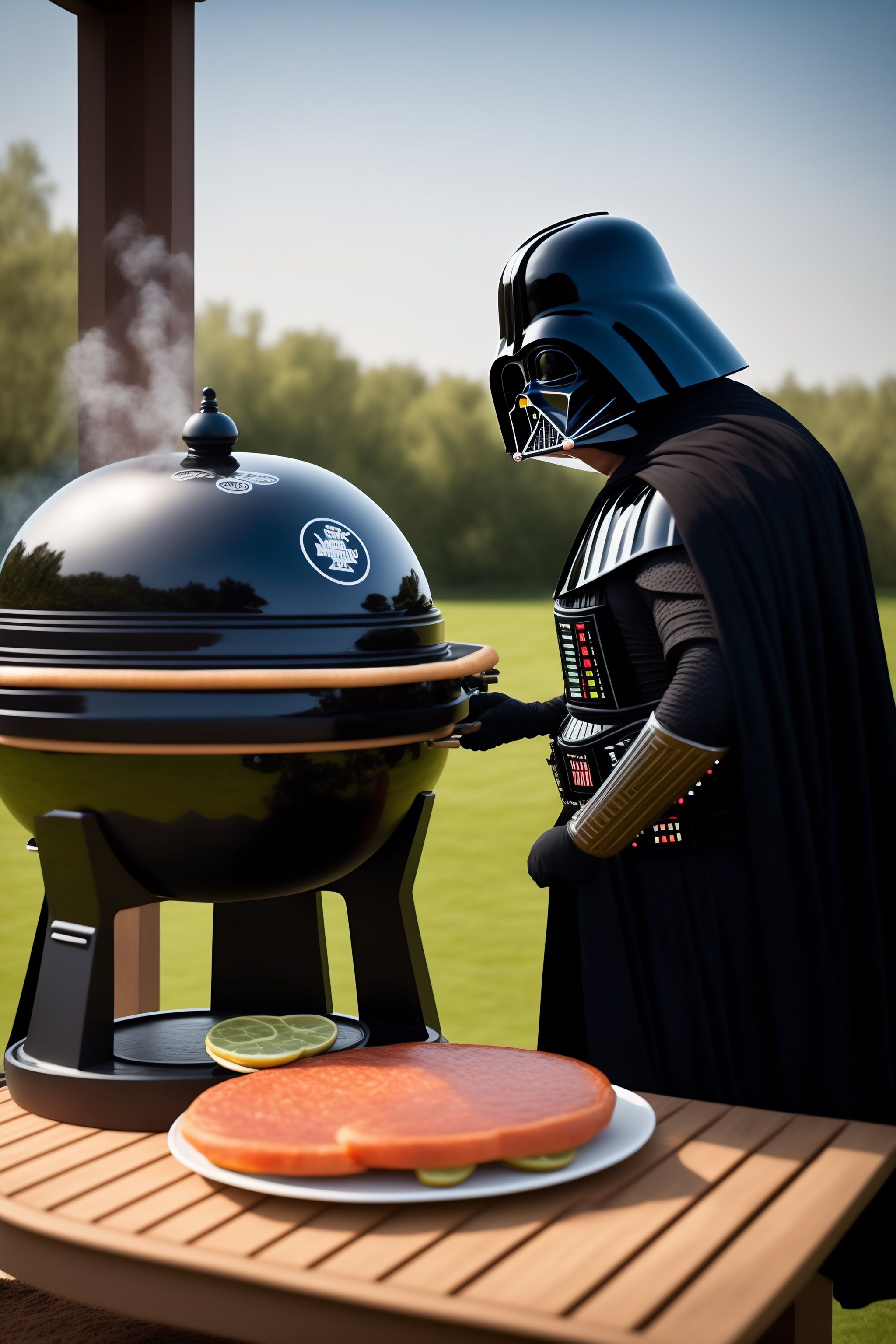 Lexica - Darth vader cooking burgers on a barbecue in his backyard