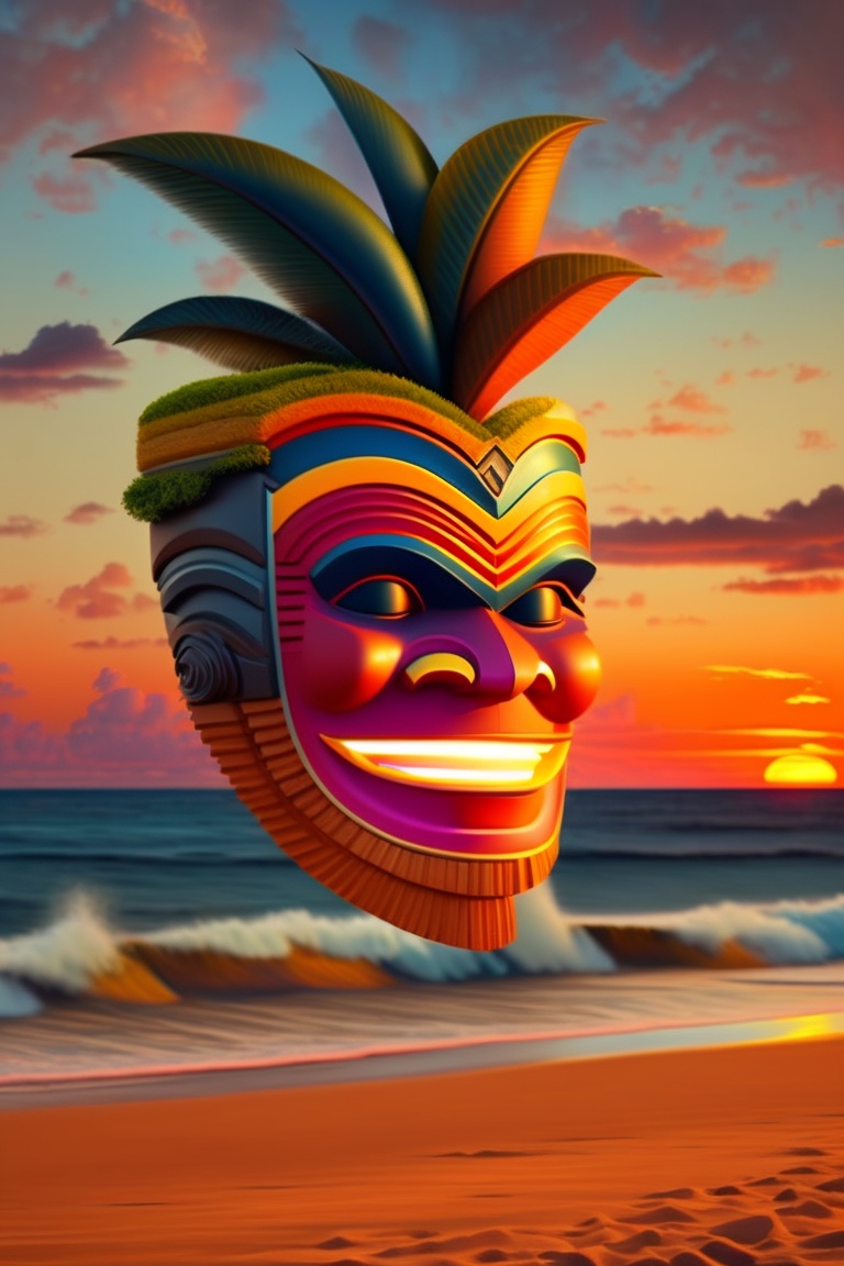 Lexica - Tiki mask on the beach, sunset, 50s cartoonish style, music ...