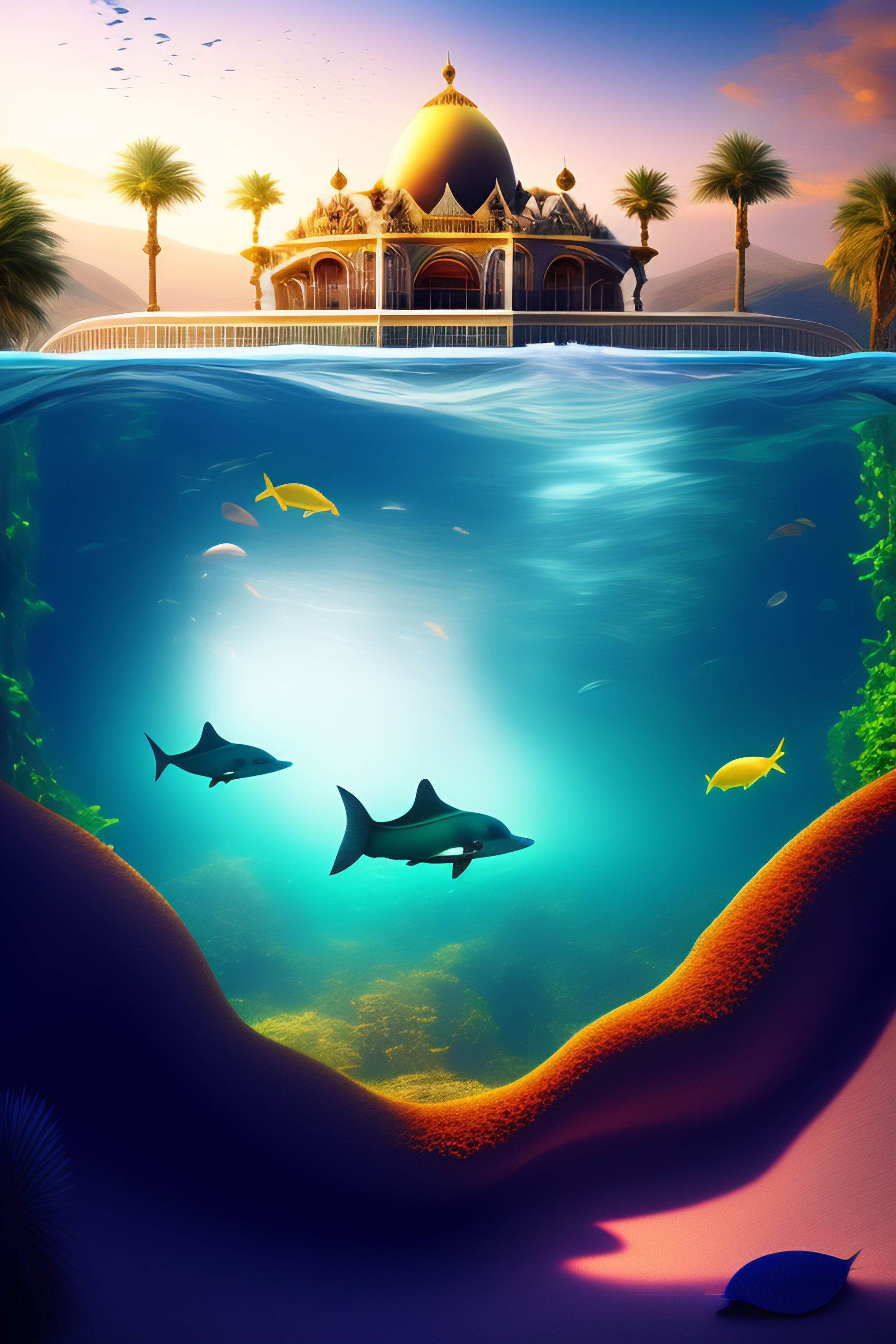 Lexica - A magical water palace with sting rays swimming around the palace
