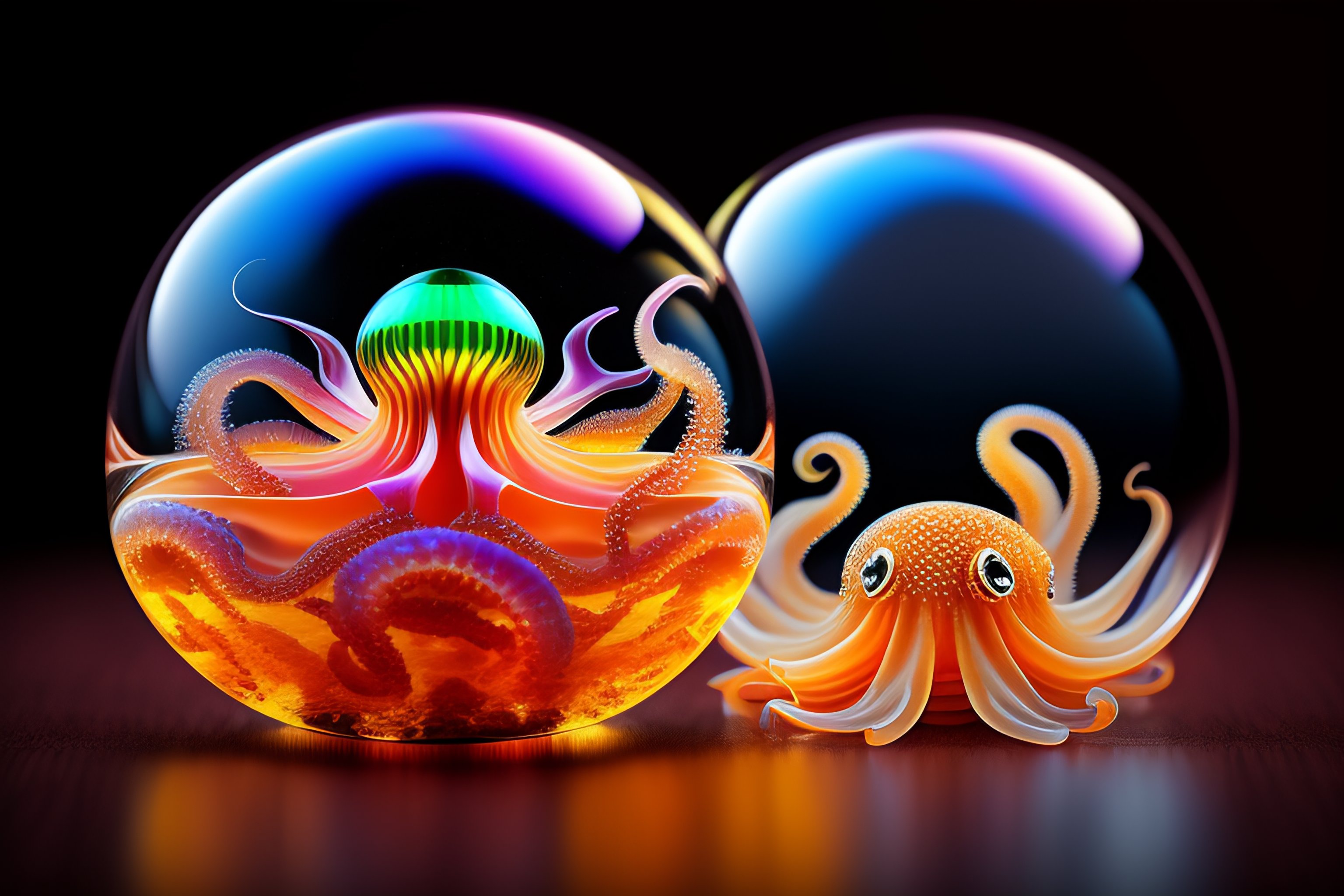 Lexica - Octopus sitting on , micro, glass sphere, refractive. shinny ...