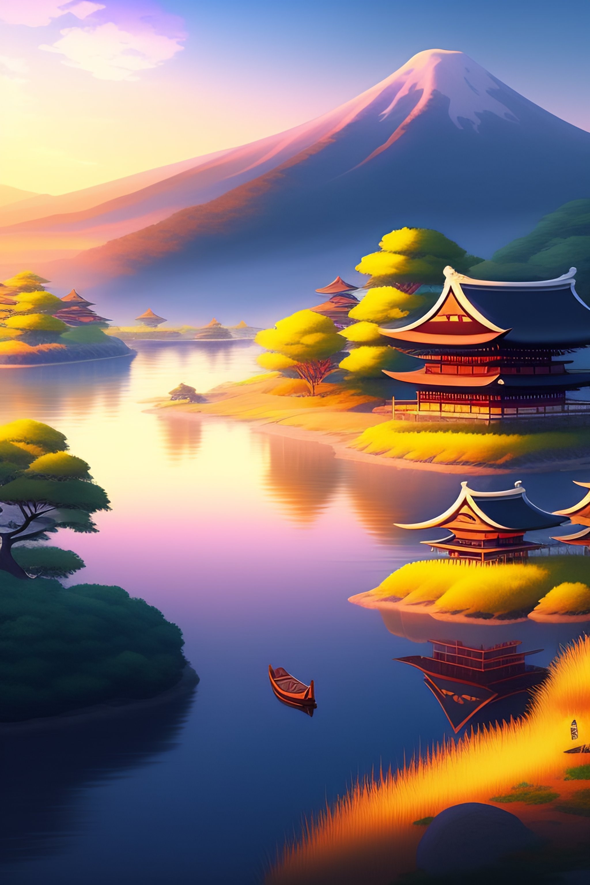 Lexica - A serene digital illustration of the sunrise, over a japanese ...