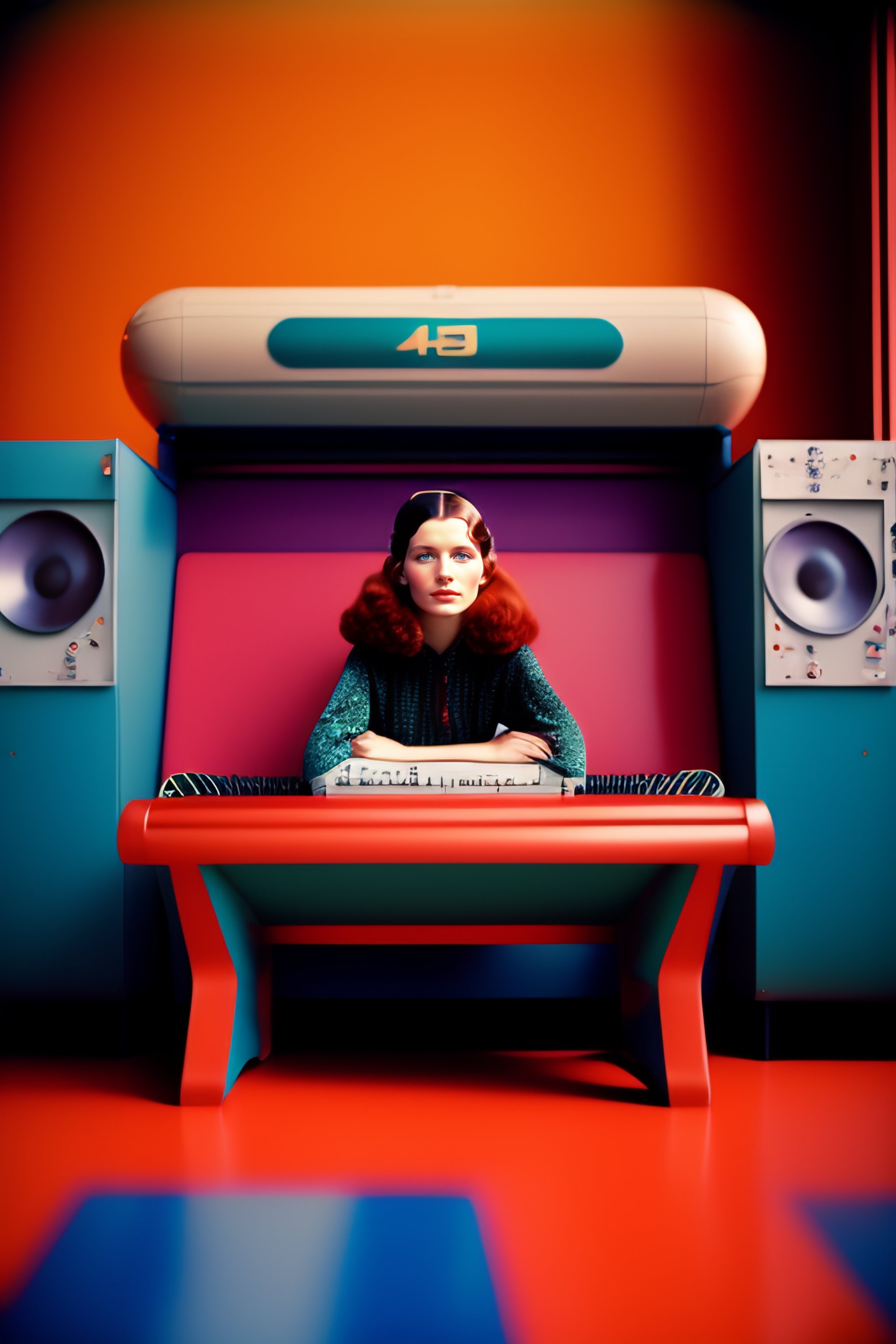 Lexica - A Soviet girl sitting in a chair in front of a colorful soviet ...