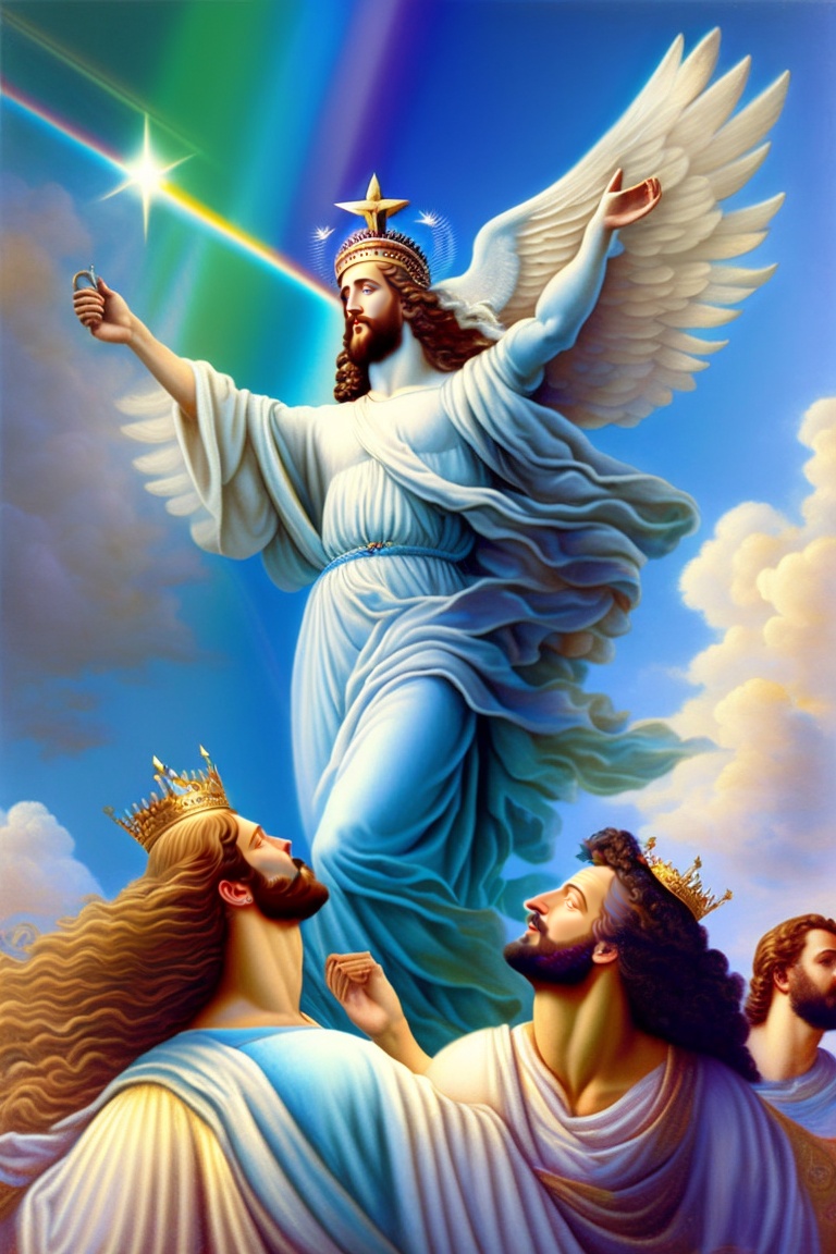 Lexica - Jesus in blue sky, with rainbows overhead, crown on head ...