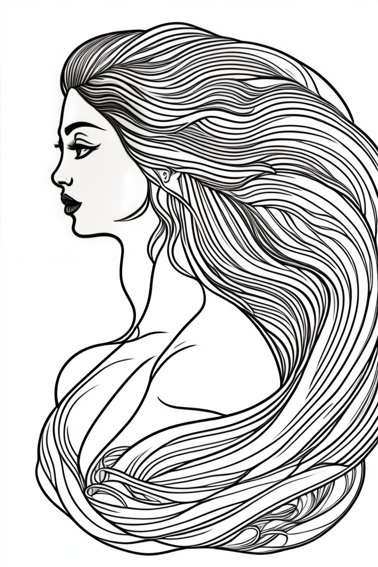 Lexica - A mermaid with long hair. black and white, wavey lines ...